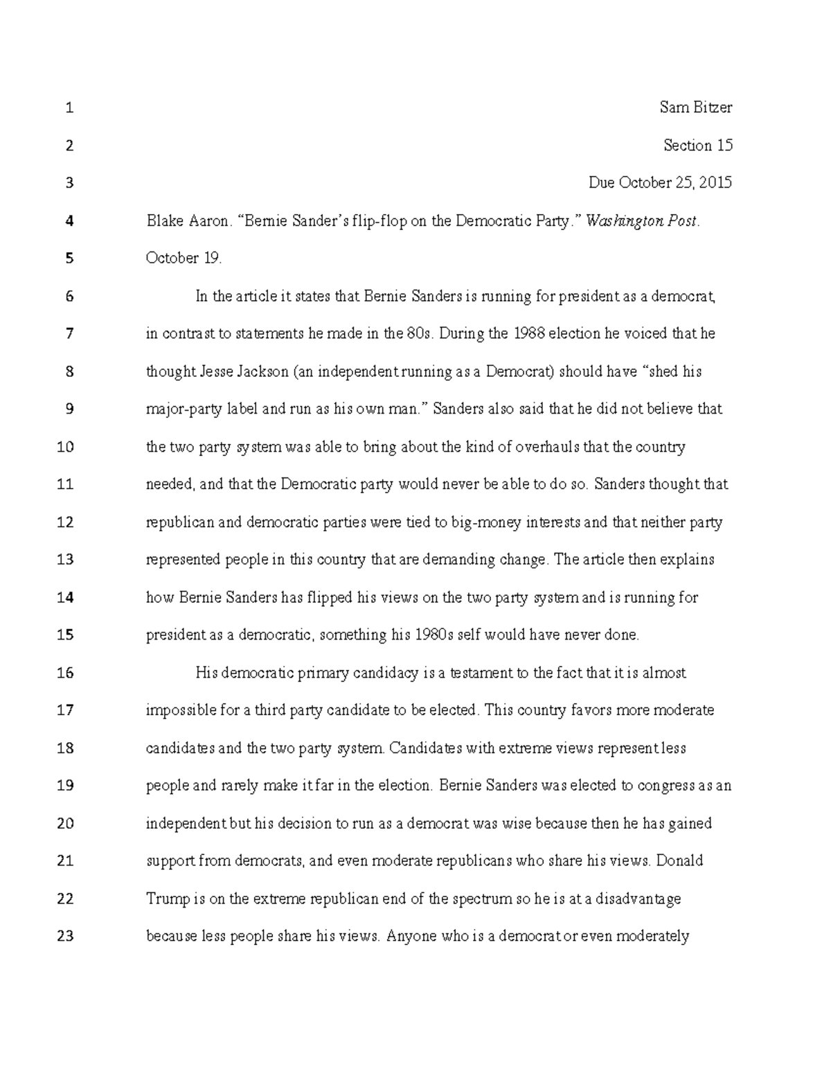 PLS 200 newspaper article- legislative - 1 Sam Bitzer 2 Section 15 3 ...