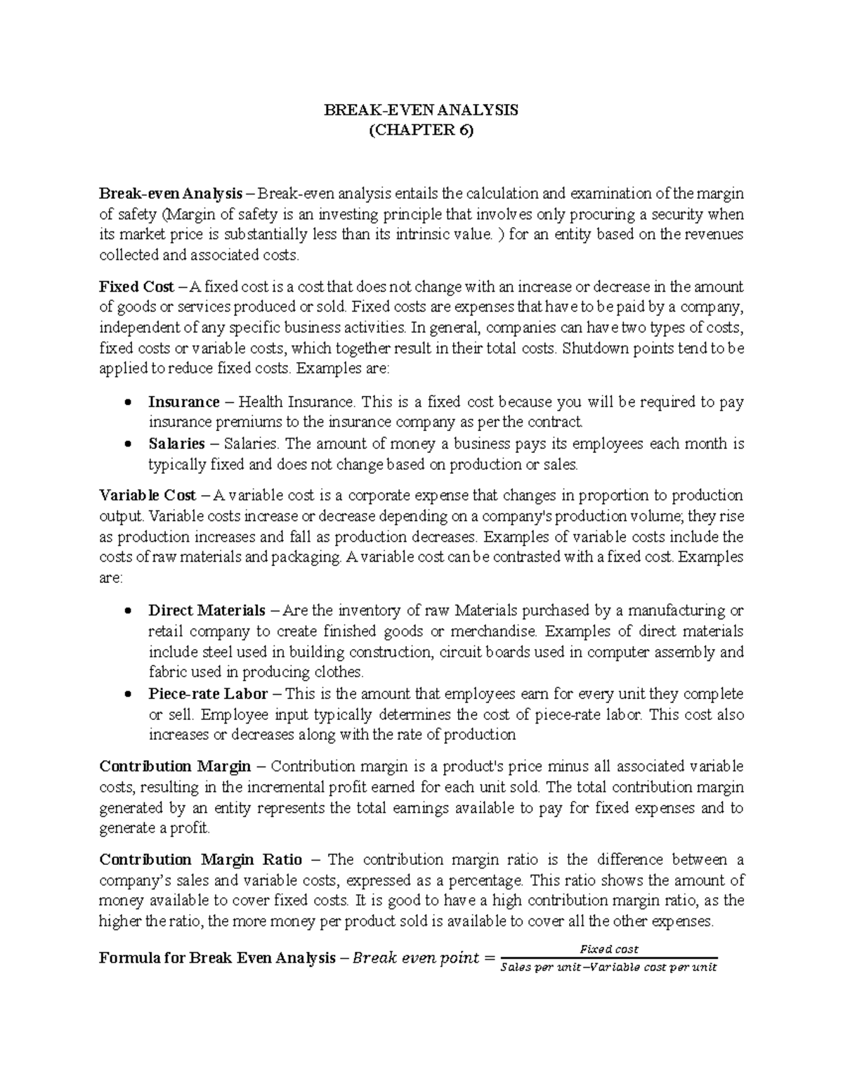 CBME Chapter 6 Reviewer - BREAK-EVEN ANALYSIS (CHAPTER 6) Break-even ...