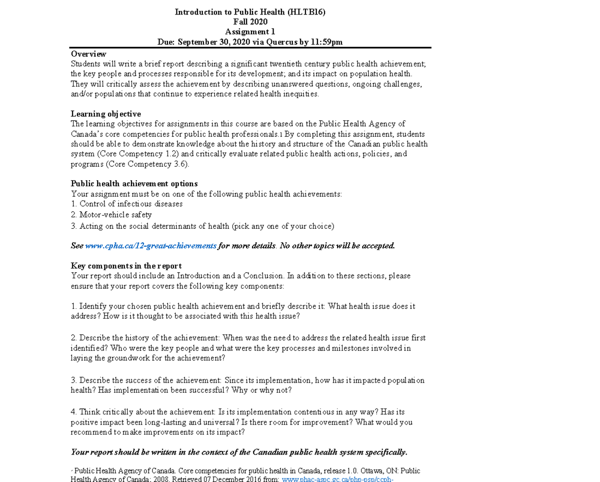 Assignment 1 - HLST 3120 - Yorku - Studocu