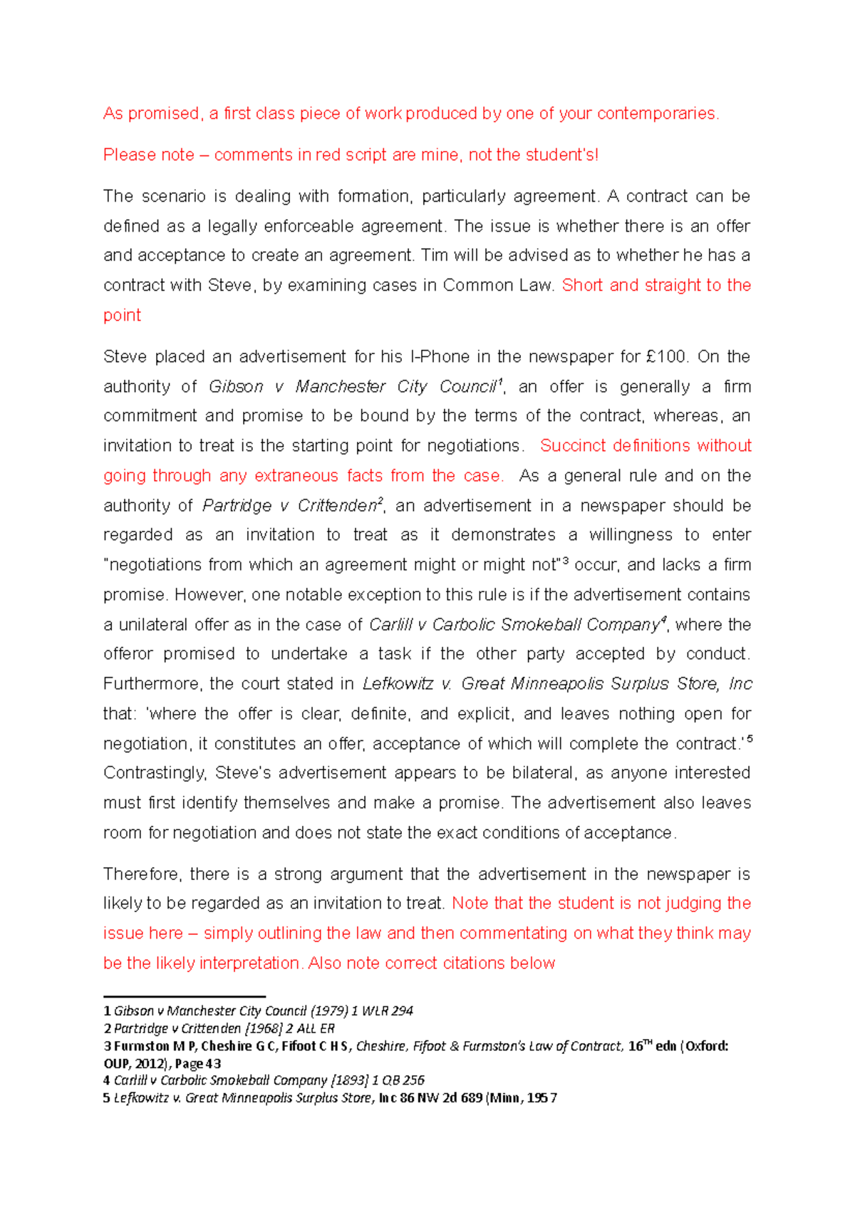 Example of a Good Course Work on Offer and Acceptance - As promised, a ...