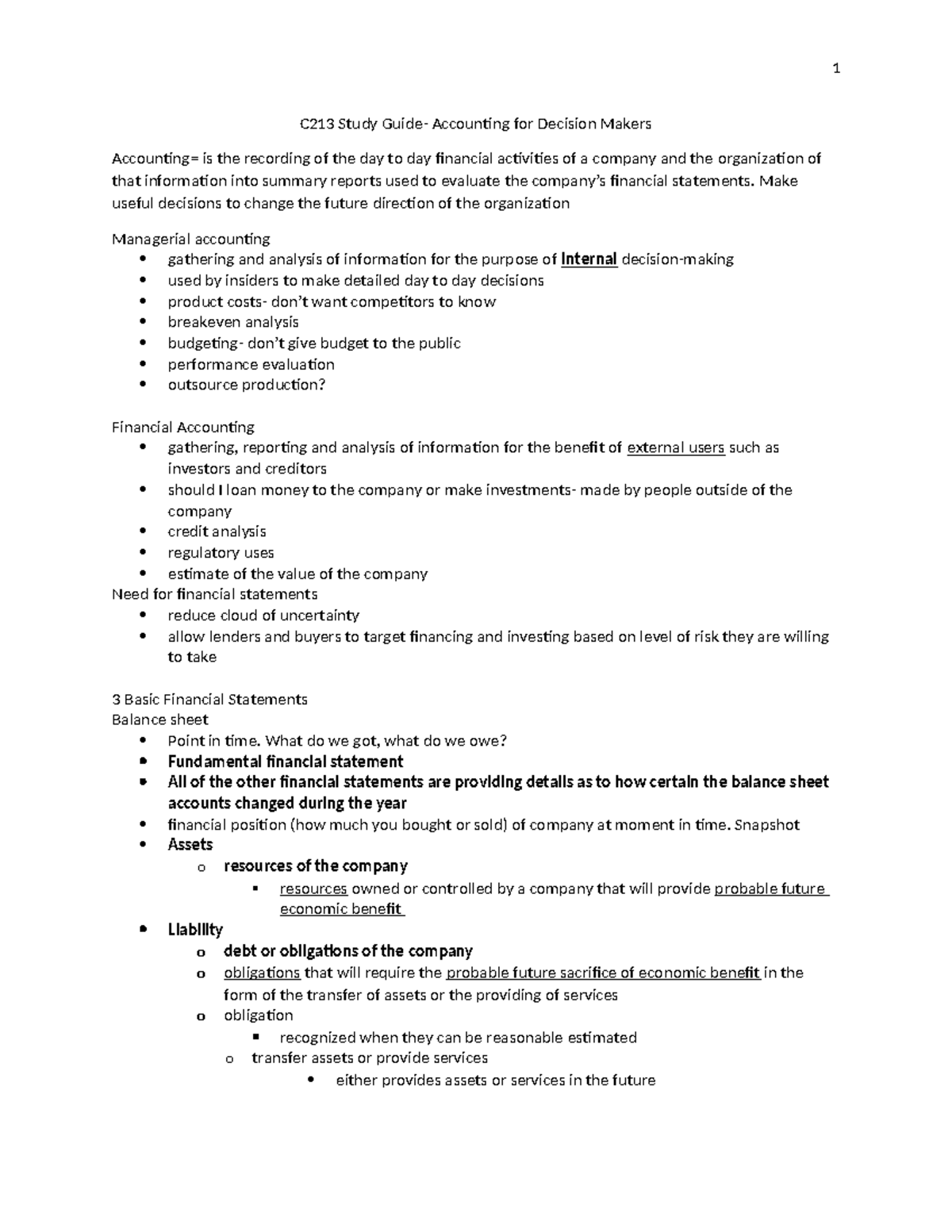 C213 Study Guide- my notes - C213 Study Guide- Accounting for Decision ...