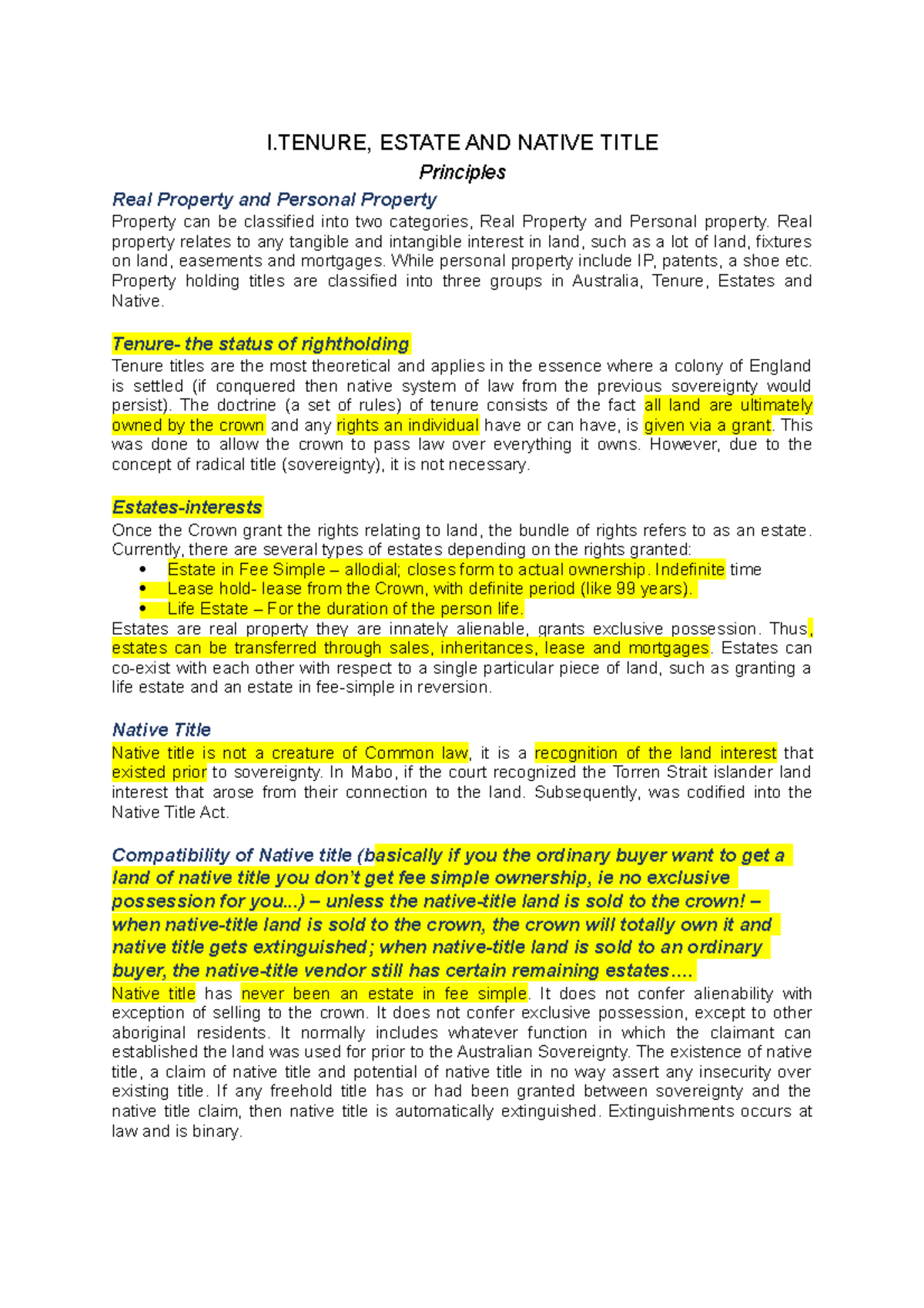 Tenure, Estate AND Native Title - I, ESTATE AND NATIVE TITLE Principles ...