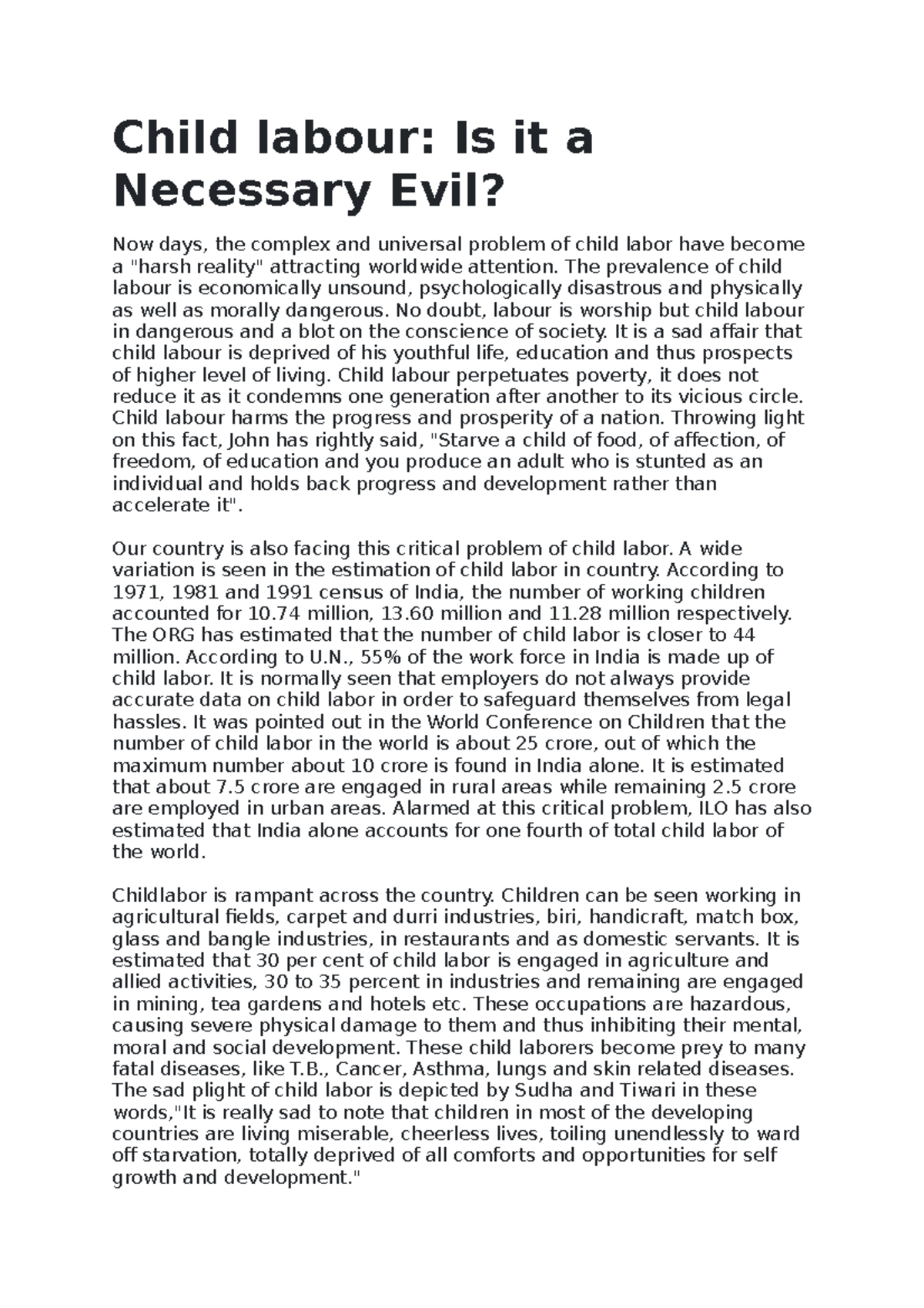 Child labour - Grade: 2:1 - Child labour: Is it a Necessary Evil? Now ...