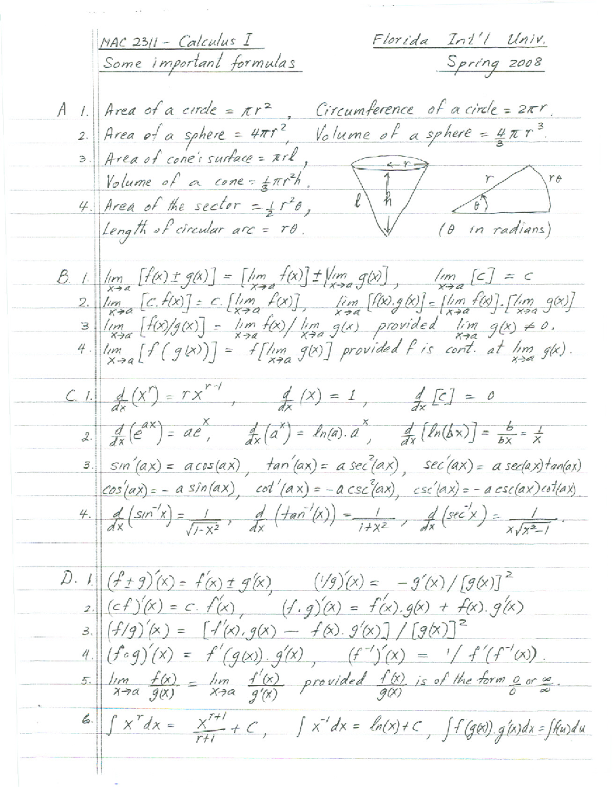 Calc1 Formulas - i !!1AC 23/1I - C~/c/A./u~ I ####### i Some; mtorl?7nl ...