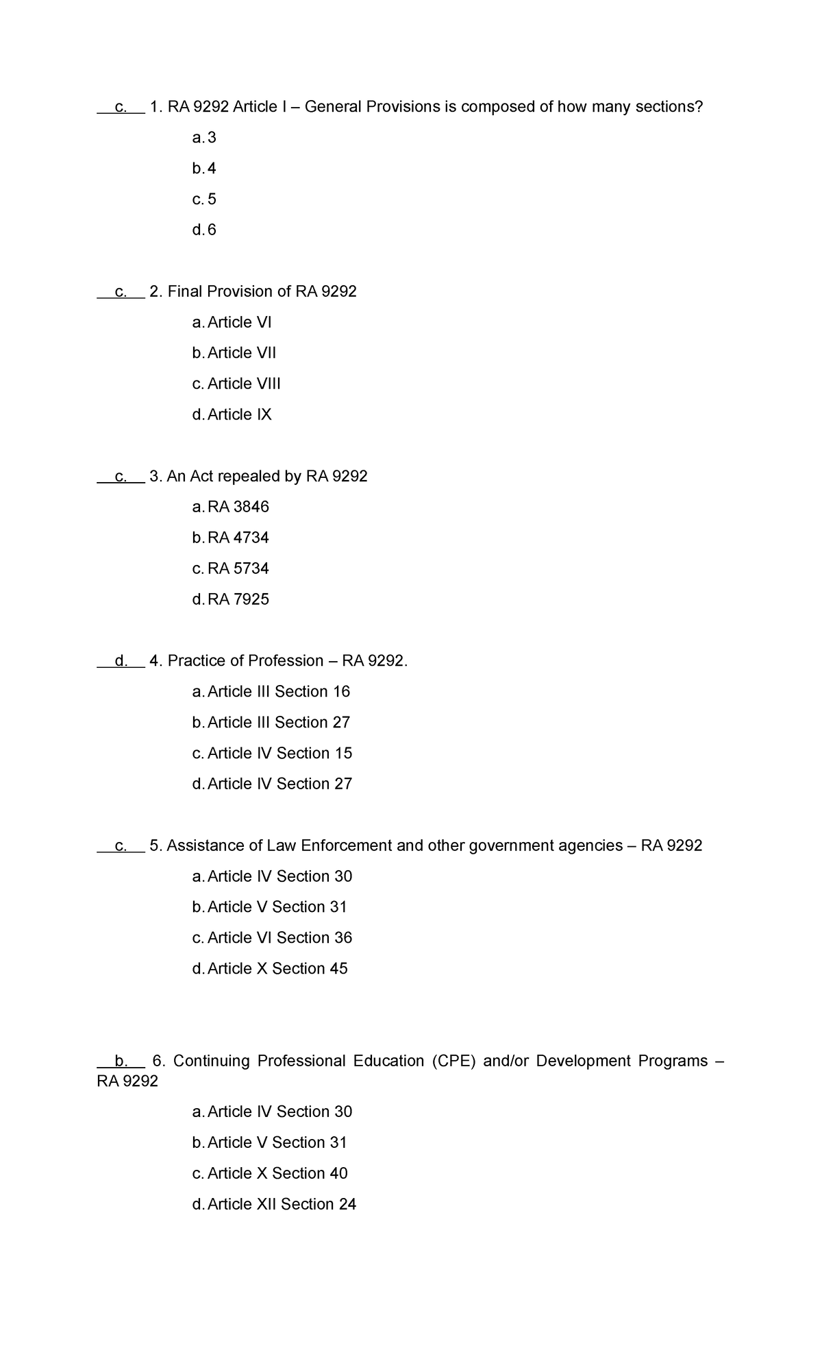 Ece laws - Lecture notes on ECE laws - c. 1. RA 9292 Article I ...