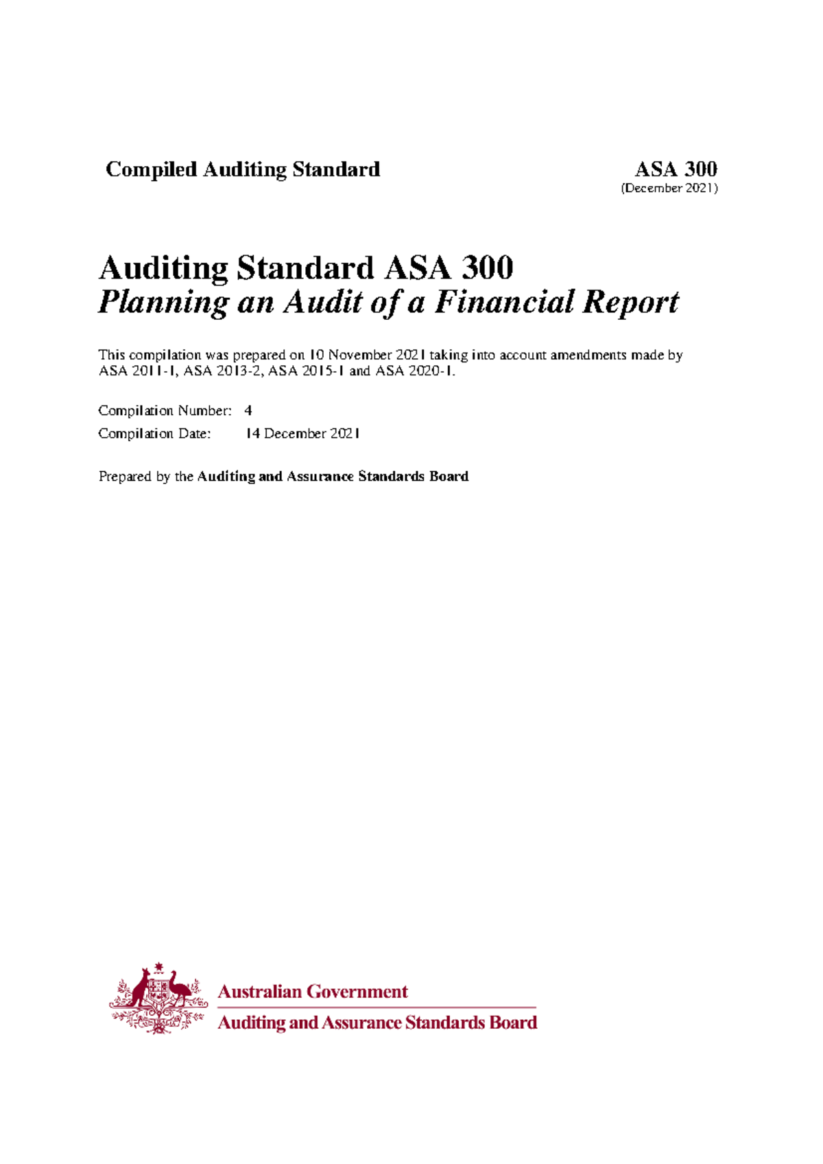 Asa 300 - ASA 300 - Compiled Auditing Standard ASA 300 (December 2021 ...