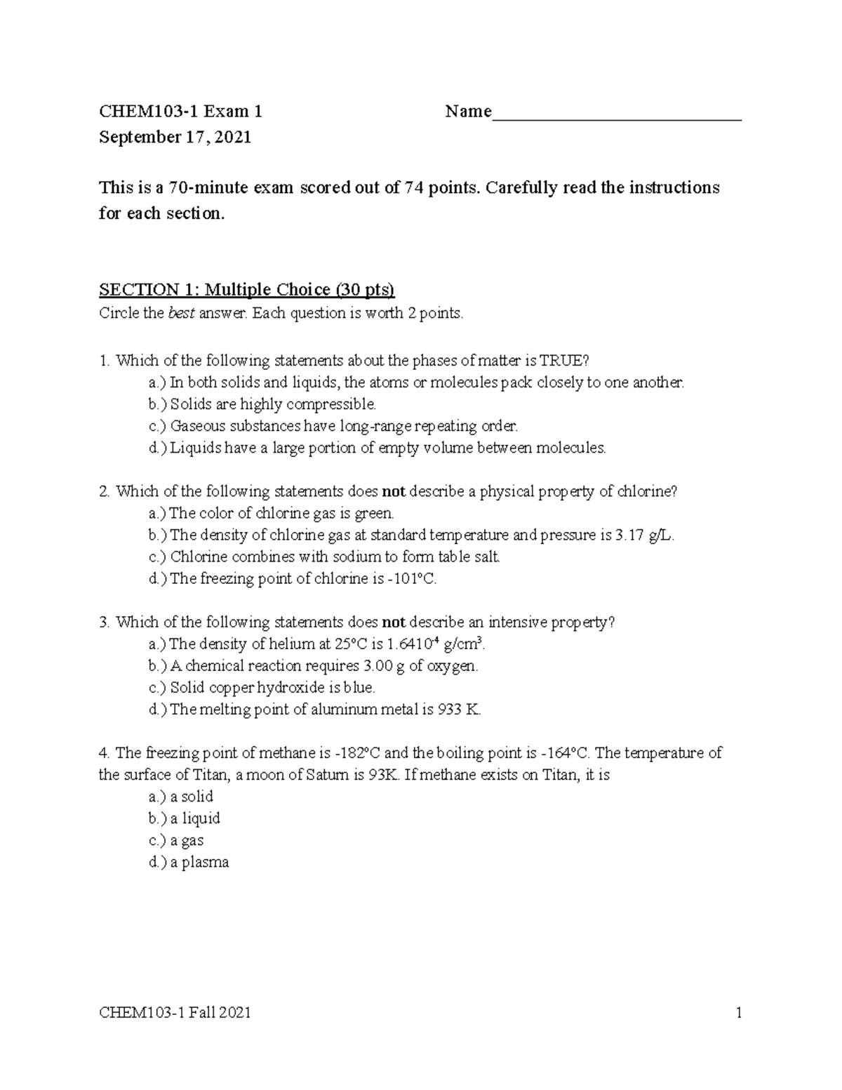 CHEM103-1 Exam 1 F21 - Practice Exam for Exam 1 - CHEM103-1 Exam 1 Name