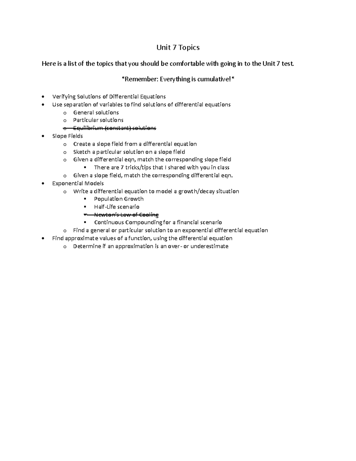 Unit 7 Study Guide - Unit 7 Topics Here is a list of the topics that ...