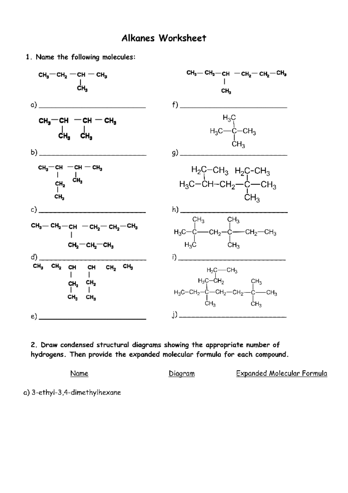Naming Organic Compounds Practise - Alkanes Worksheet 1. Name the ...