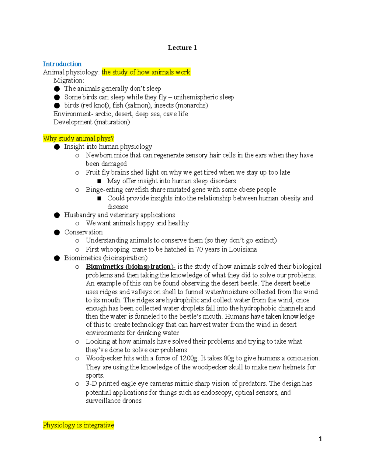 Lecture 1 - Notes - Lecture 1 Introduction Animal physiology: the study ...