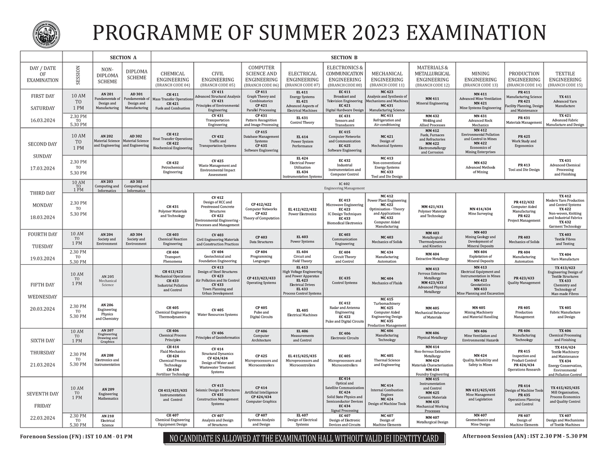 Summer 2023 Exm Schedule - PROGRAMME OF SUMMER 2023 EXAMINATION NO CANDIDATE IS ALLOWED AT THE ...