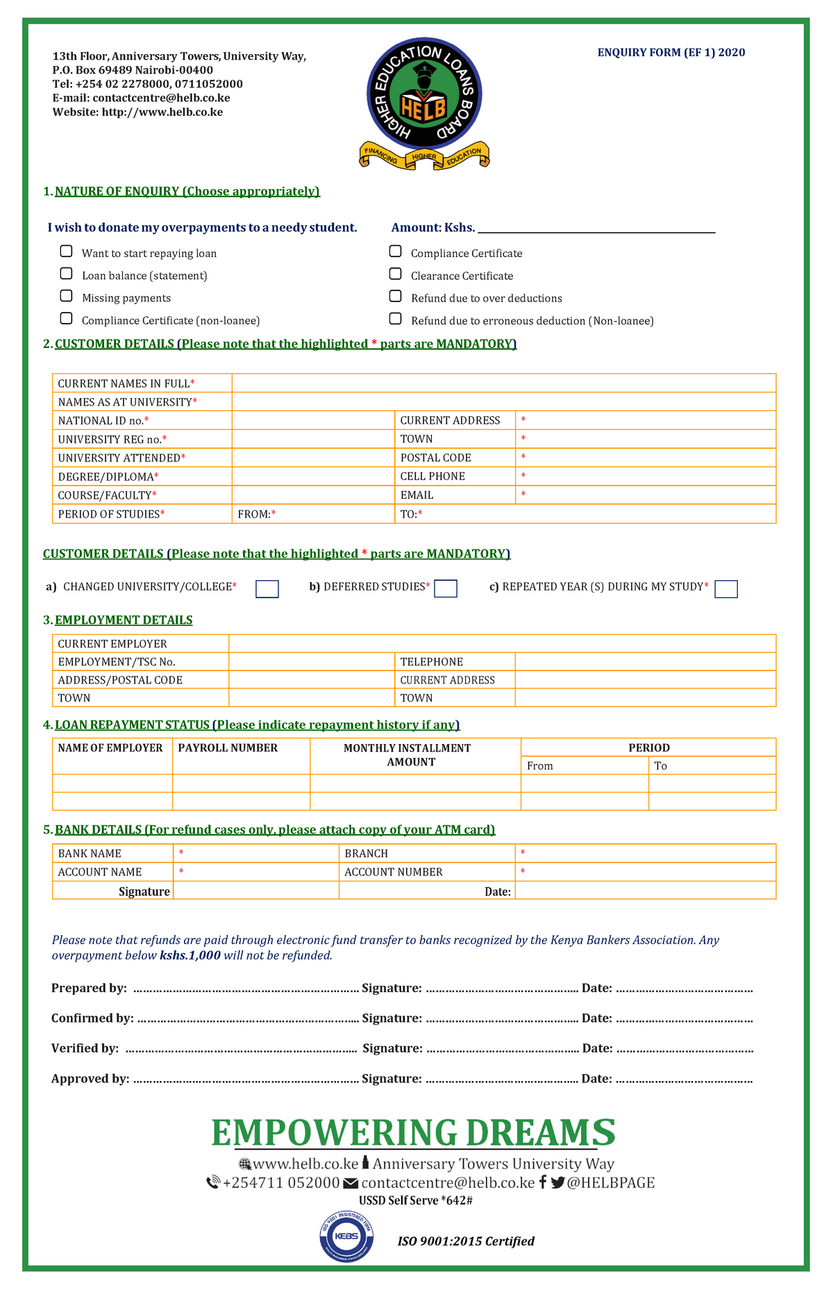 HELB Enquiry Form 2020 - 1. NATURE OF ENQUIRY (Choose appropriately) I ...