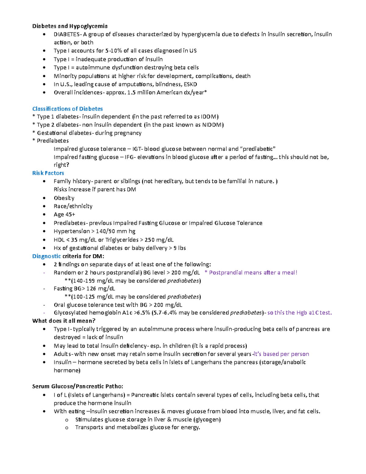 1. Diabete - notes for 1523 - Diabetes and Hypoglycemia - DIABETES- A ...