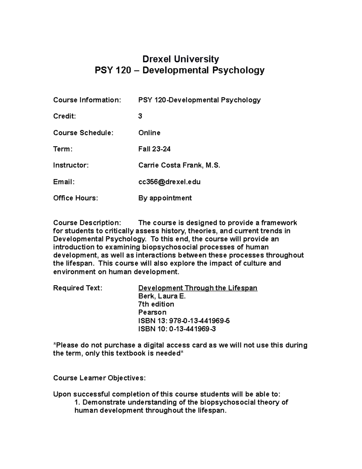 PSY 120 syllabus fall 23 24 - Drexel University PSY 120 – Developmental ...