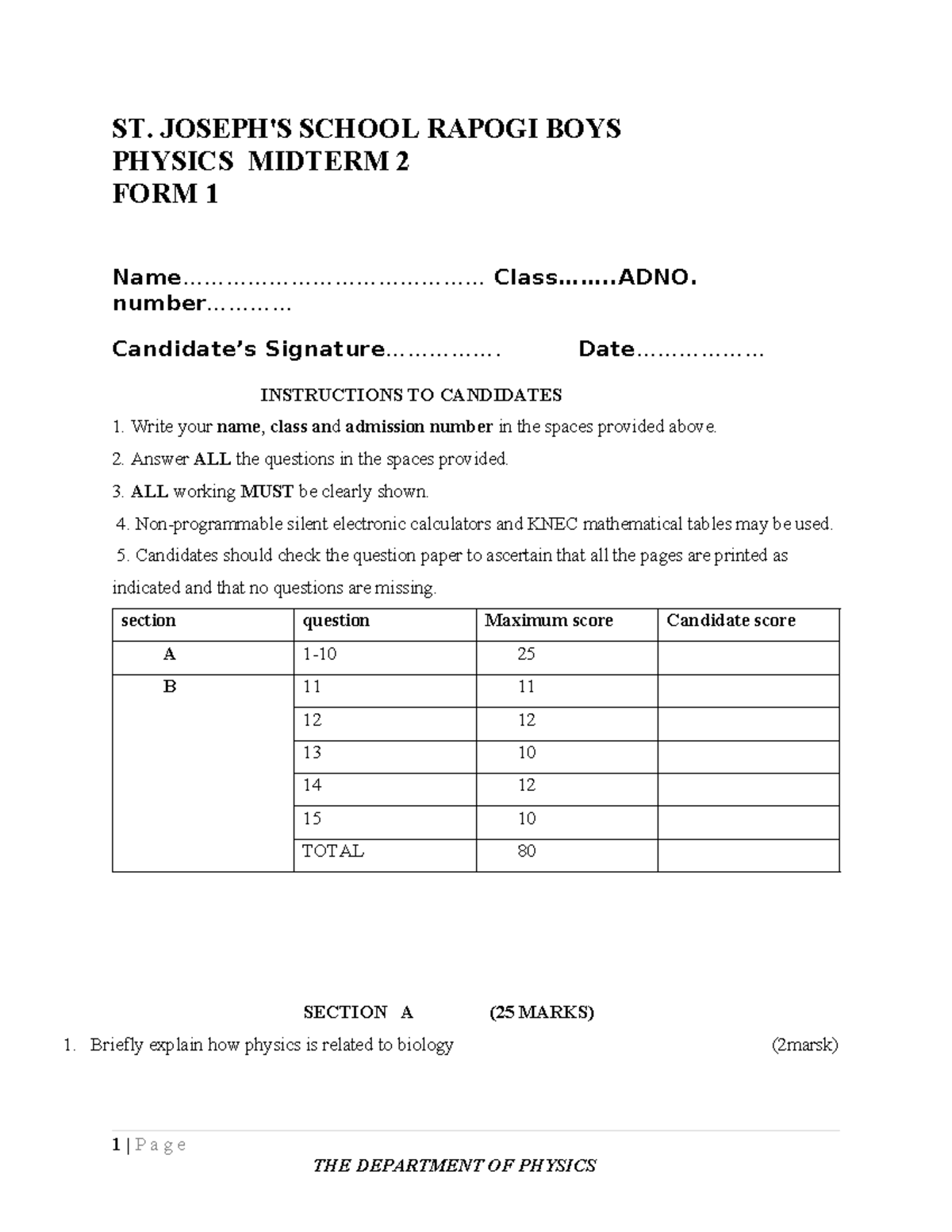 Rapogi FORM 1 G - DFDFG - ST. JOSEPH'S SCHOOL RAPOGI BOYS PHYSICS ...