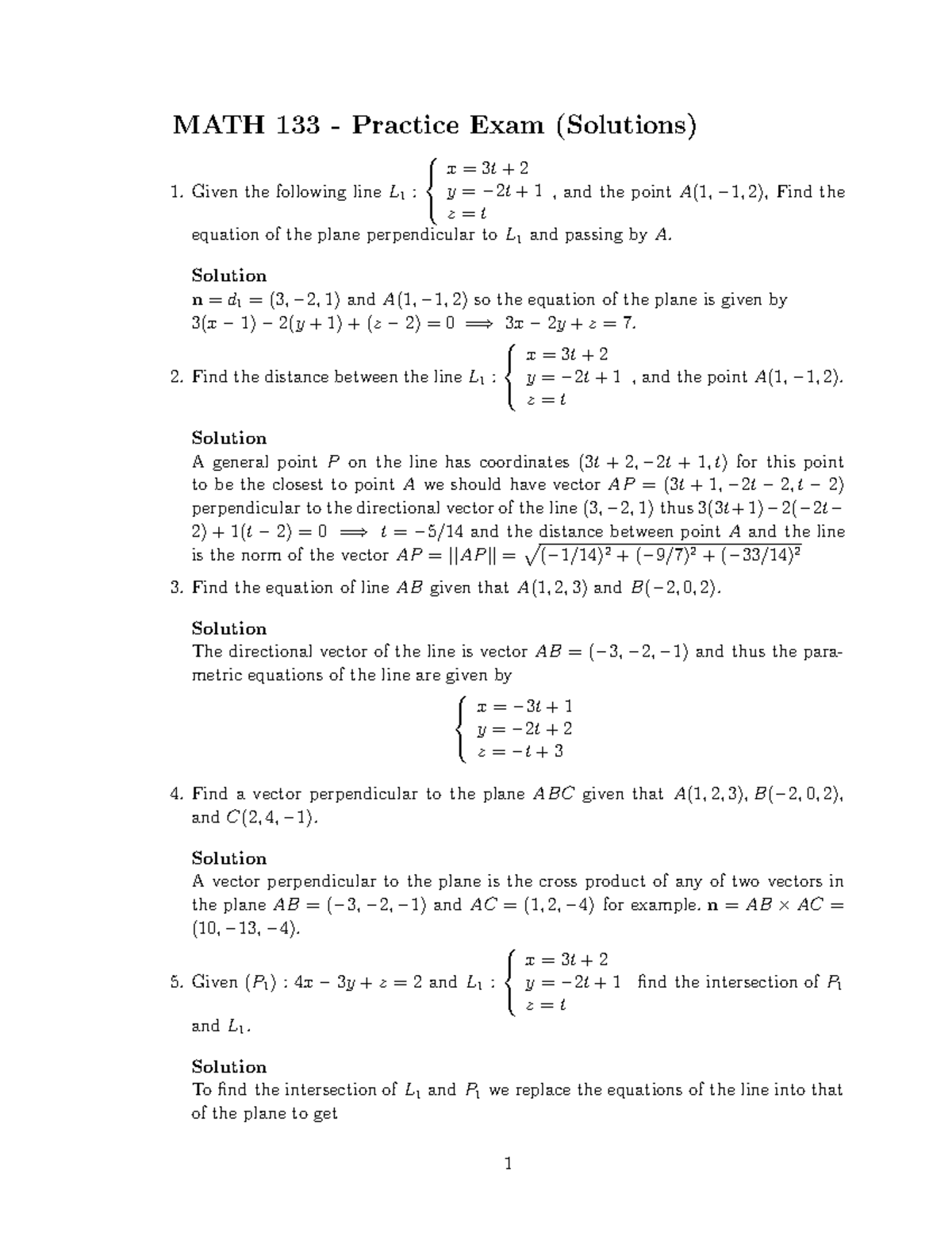 Math133Mc Gillsolutions - MATH 133 - Practice Exam (Solutions) Given ...