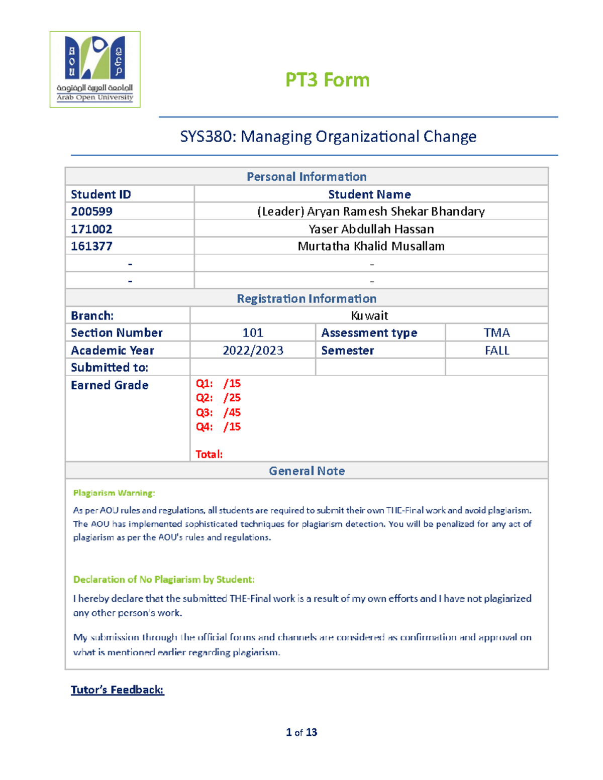 SYS380 PT3 form-Fall 2022-2023 - Personal Information Student ID ...
