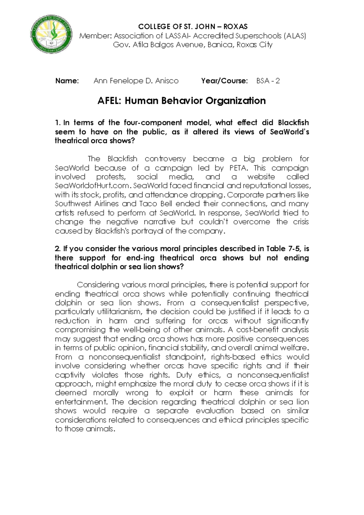 Documentary Activity - COLLEGE OF ST. JOHN – ROXAS Member: Association ...