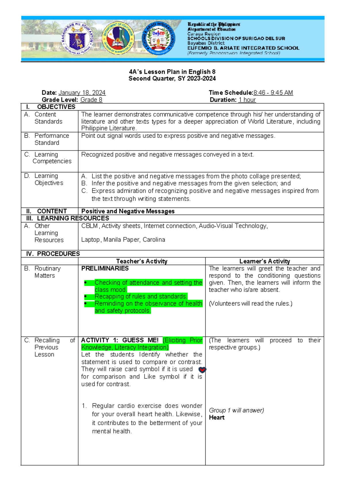 CO-2-DLP-4s- English- Norme - 4A’s Lesson Plan in English 8 Second ...