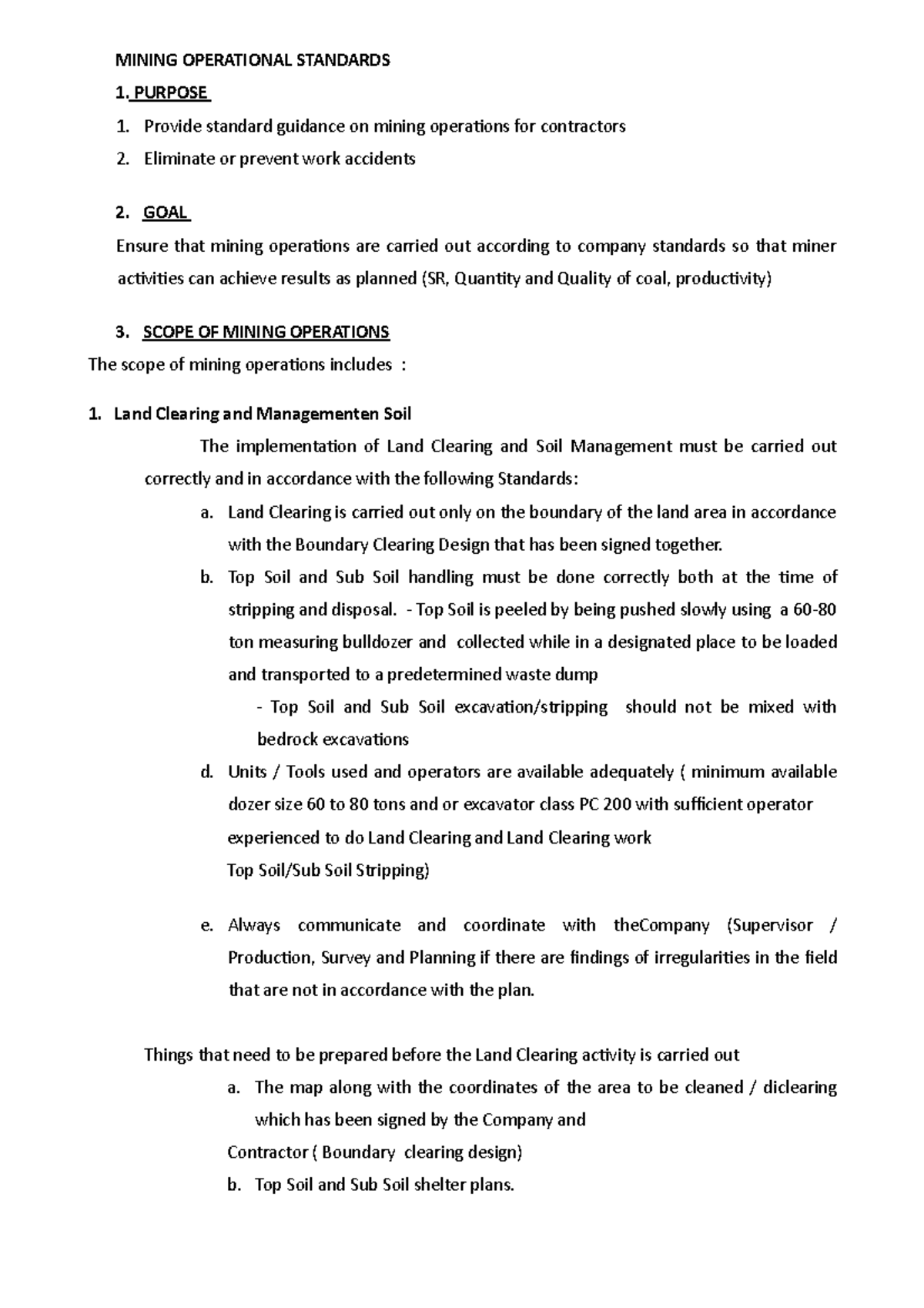 Mining Operational Standards - MINING OPERATIONAL STANDARDS 1. PURPOSE ...