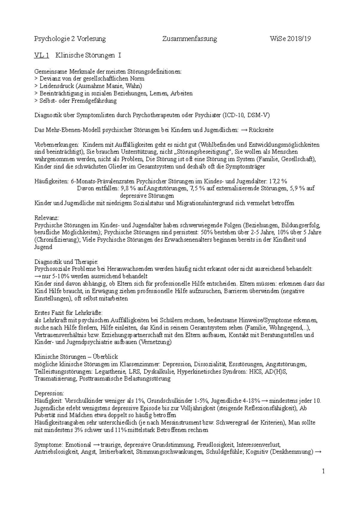 Psycho 2 Zusammenfassung - Psychologie 2 Vorlesung Zusammenfassung WiSe VL 1 Klinische I ...