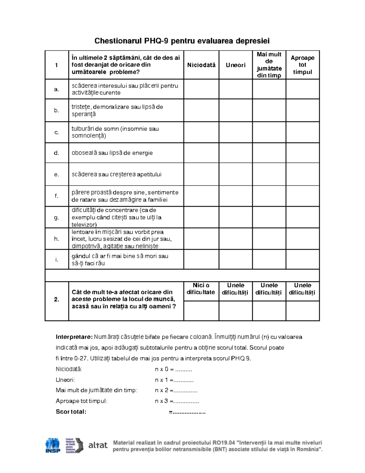A.AL03 - Chestionarul depresie PHQ9 - Chestionarul PHQ- 9 pentru ...