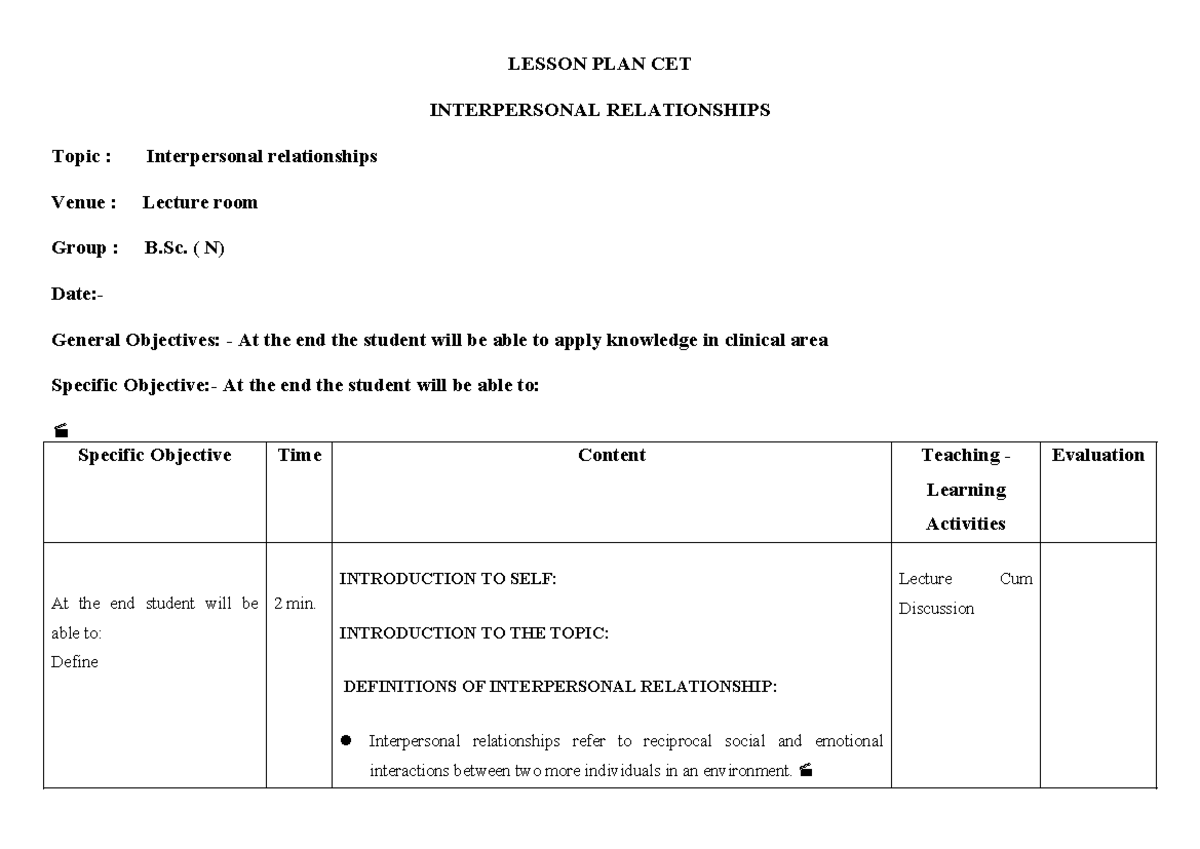 Lesson plan CET - LESSON PLAN CET INTERPERSONAL RELATIONSHIPS Topic ...