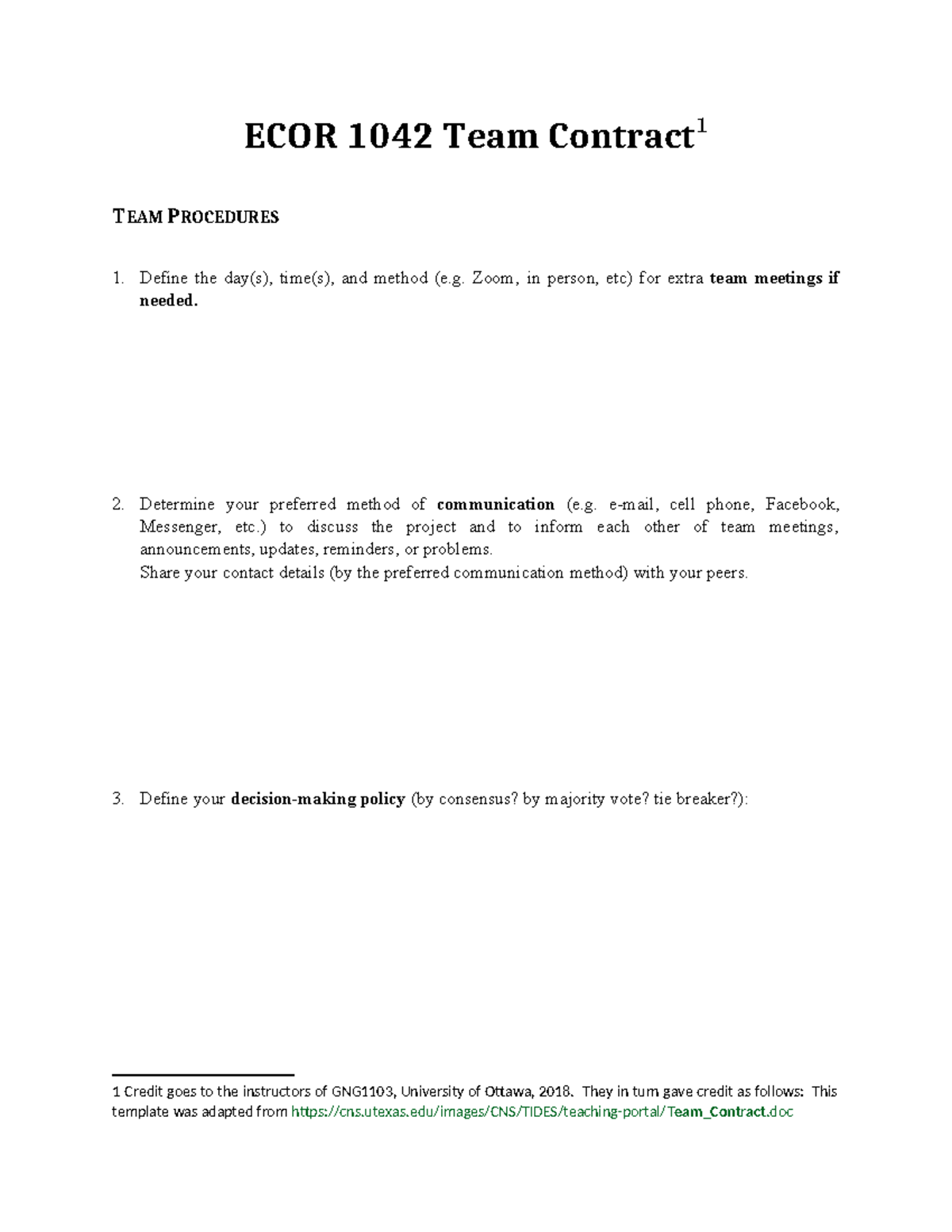 ECOR1042-Team Contract - ECOR 1042 Team Contract 1 TEAM PROCEDURES 1 ...