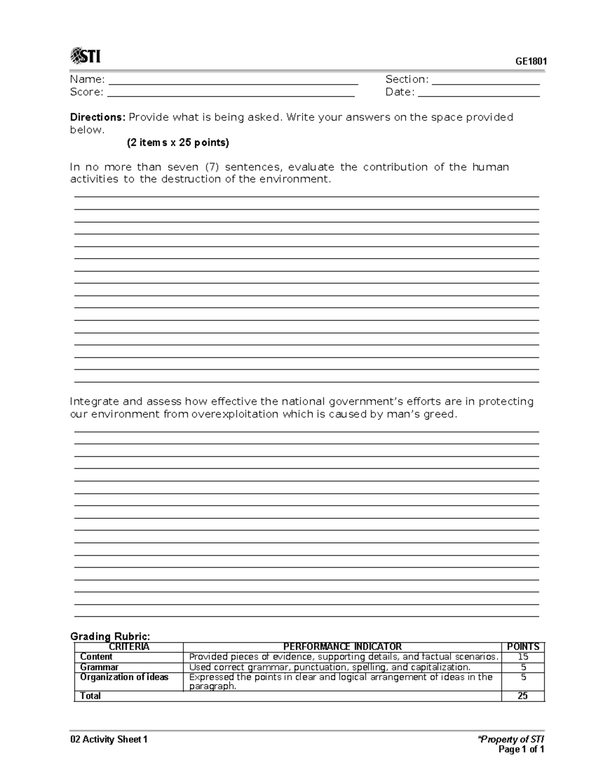 02 Activity Sheet 1-National-Service-Trainin-Program - GE Name: Section ...