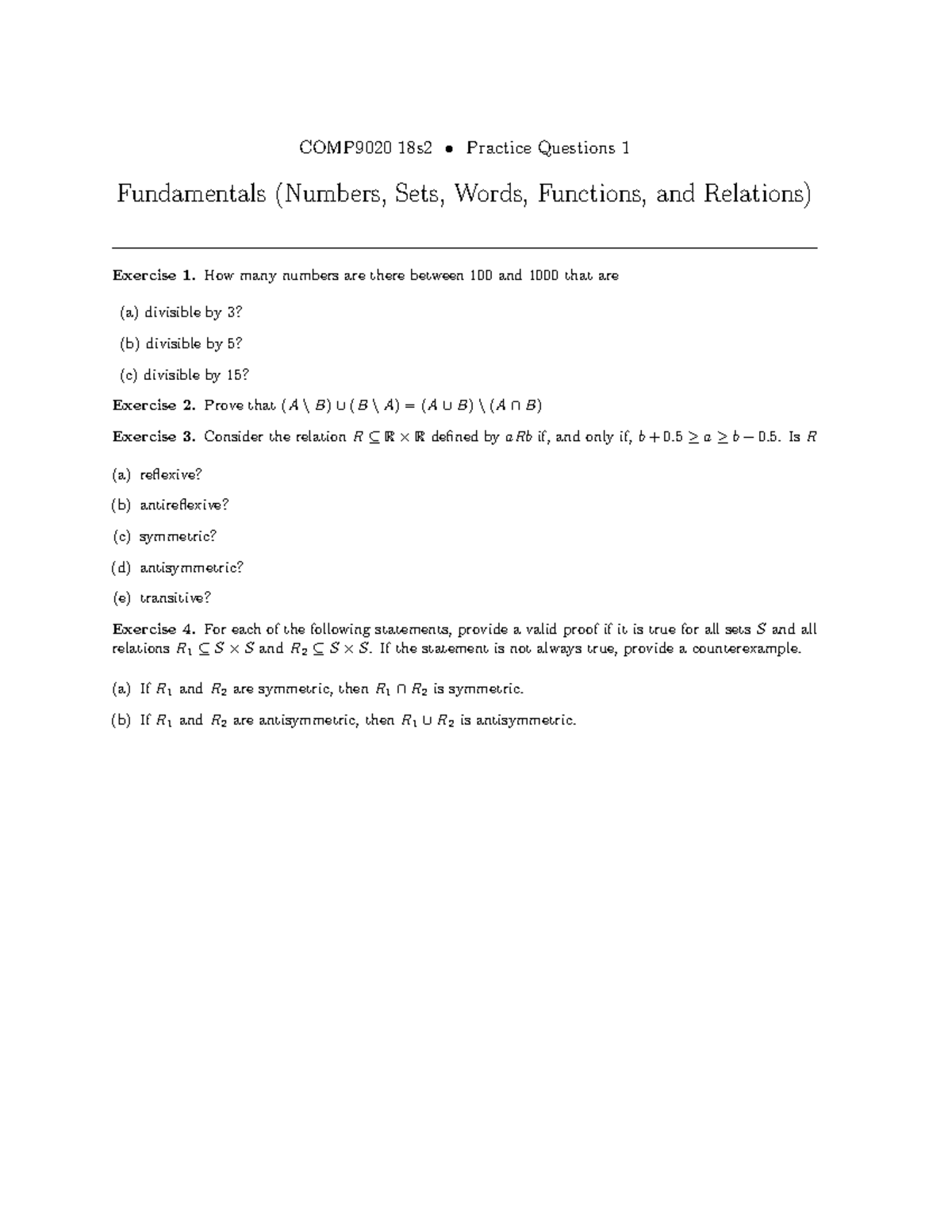 01 basics - check it out - COMP9020 18s2 • Practice Questions 1 Fundamentals (Numbers, Sets ...