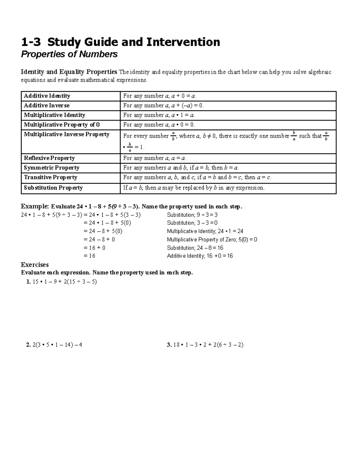 1.3 Home Fun - Properties of Numbers - USE THIS as of 8-25-23 - 1-3 ...