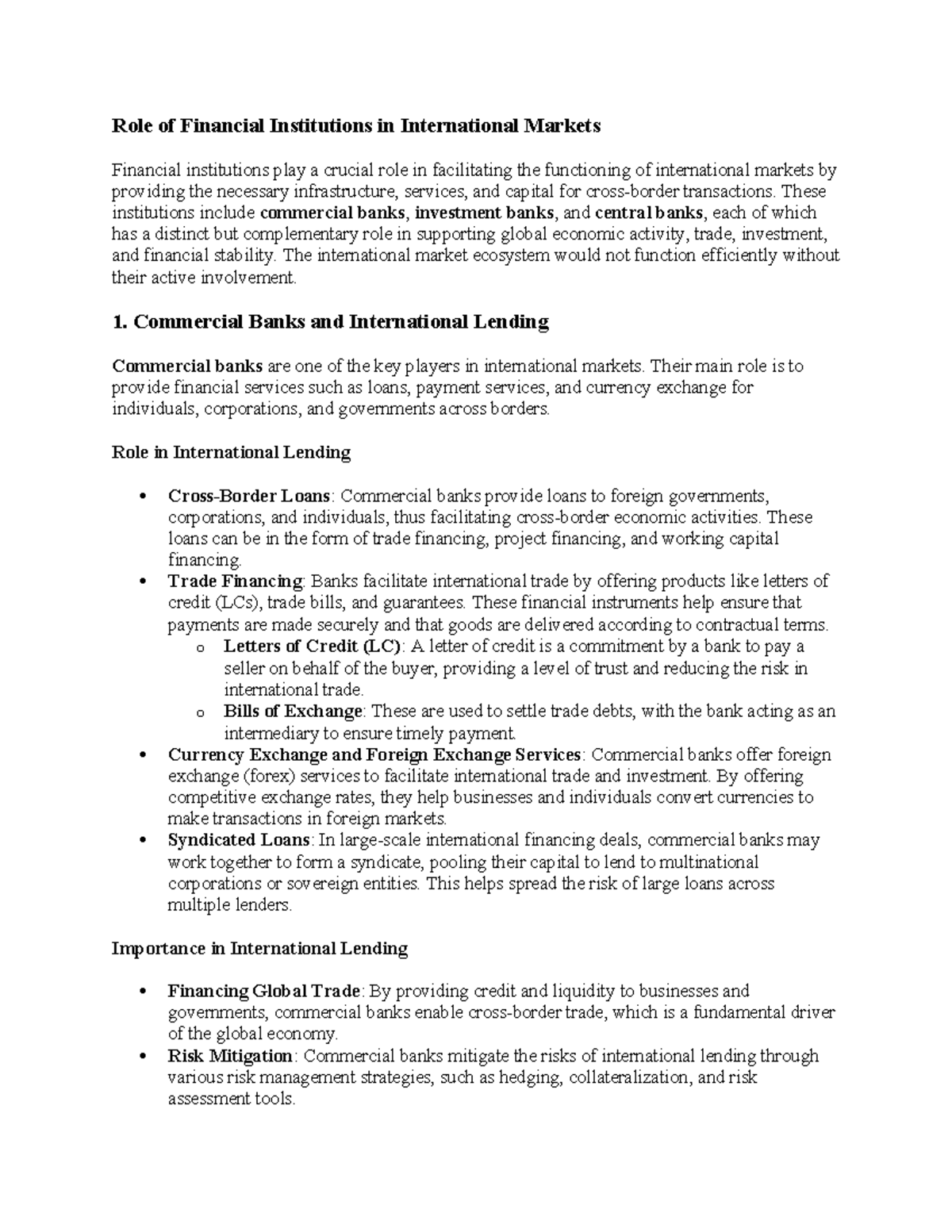 Role of Financial Institutions in International Markets - These ...