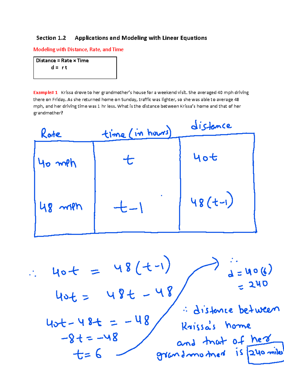 Section 1 2 Applications And Modeling With Linear Equations Math 1314 Worked Notes Section 1