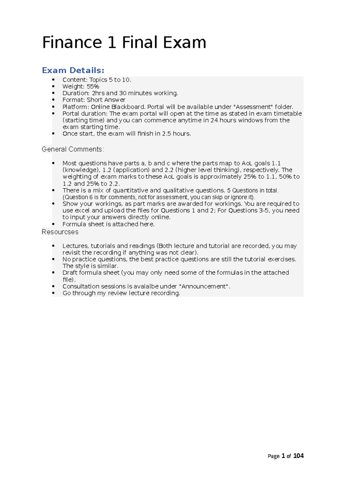 Finance 1 Final Exam Notes - Finance 1 Final Exam Exam Details: Content ...