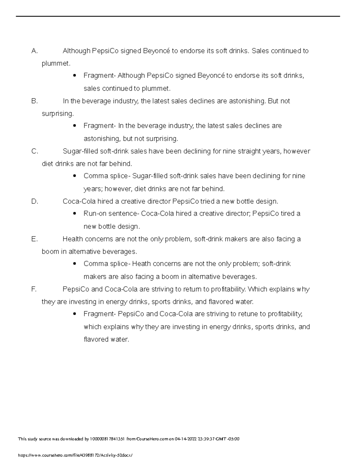Chapter 5 Activity 2 business communications BADM-104 - A. Although ...