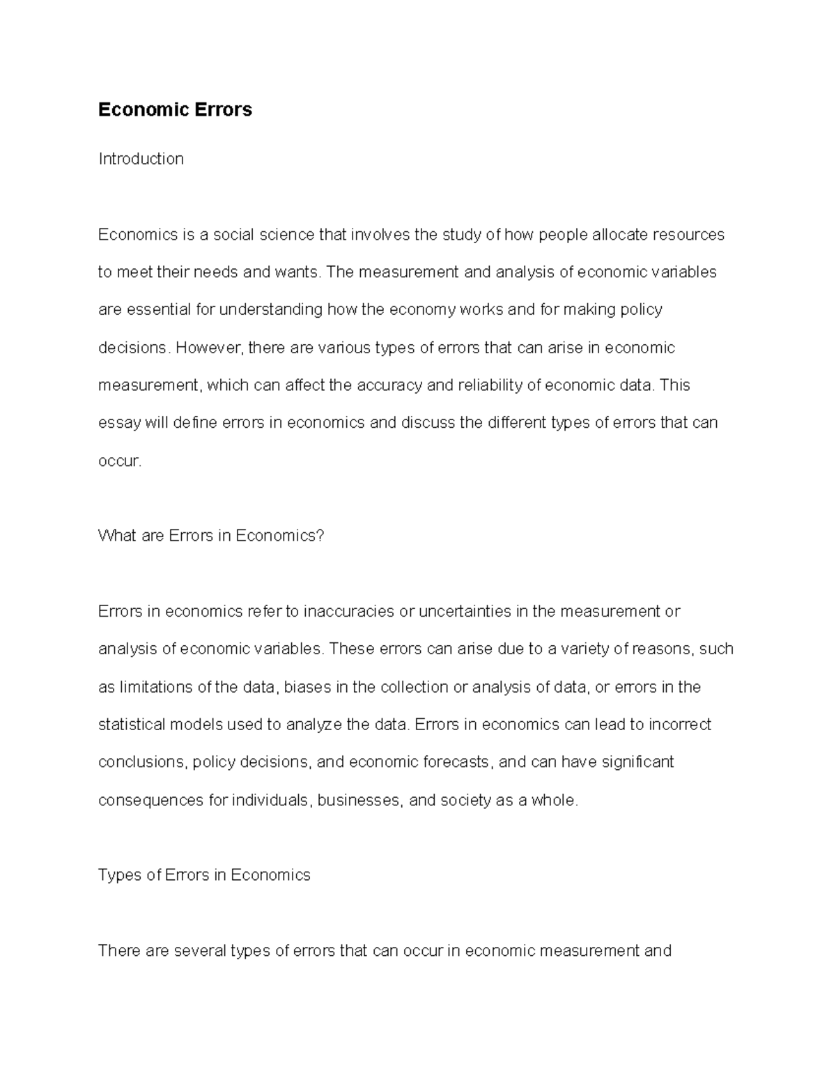 Economic Errors - Economic Errors Introduction Economics is a social ...