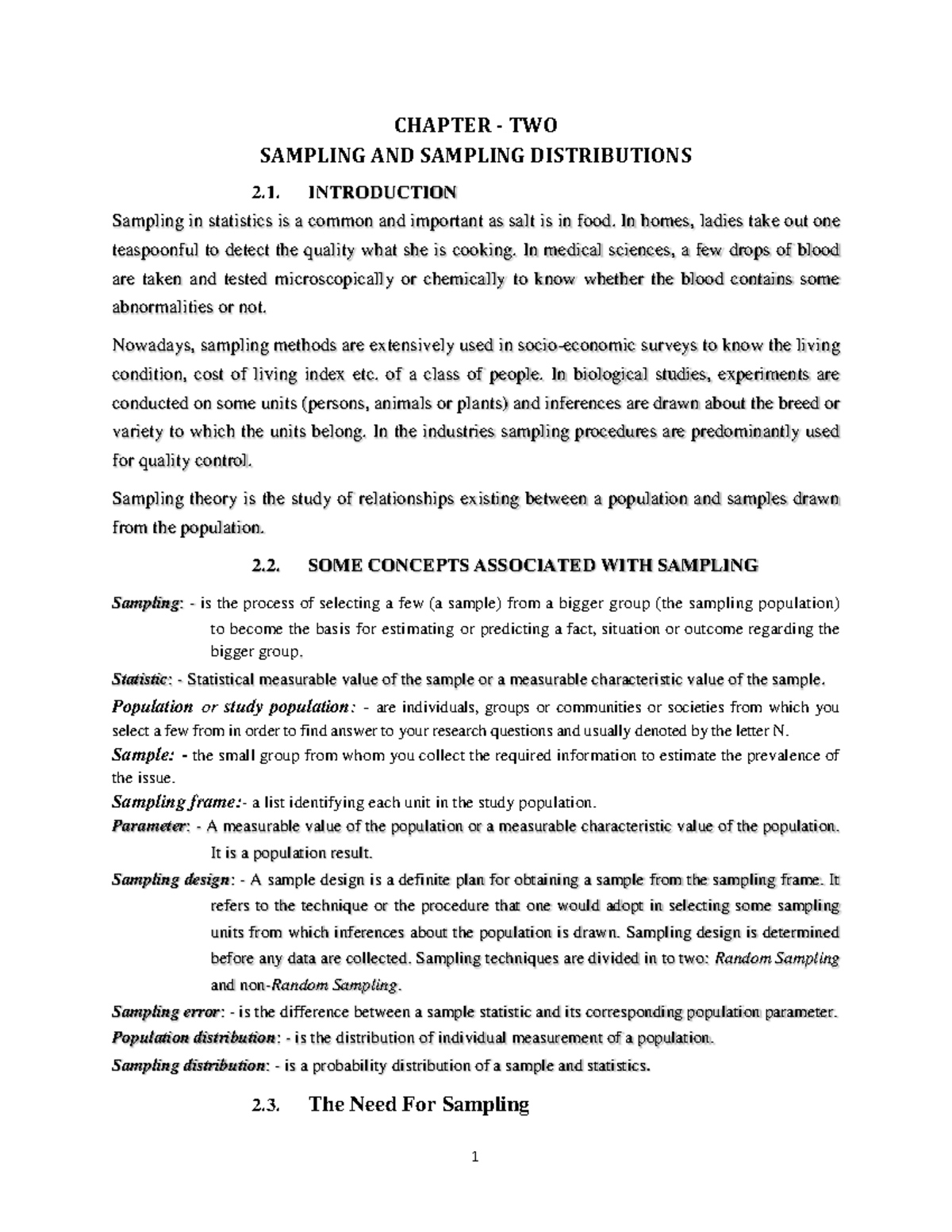 Chapter 2 Sampling final 2022 - CHAPTER - TWO SAMPLING AND SAMPLING DISTRIBUTIONS 2 ...