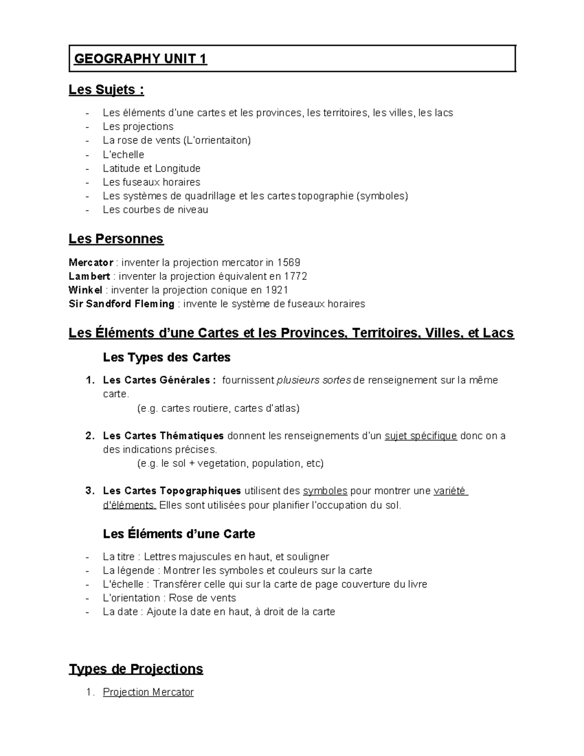 Grade 9 Geography UNIT 1 Notes - GEOGRAPHY UNIT 1 Les Sujets : - Les ...