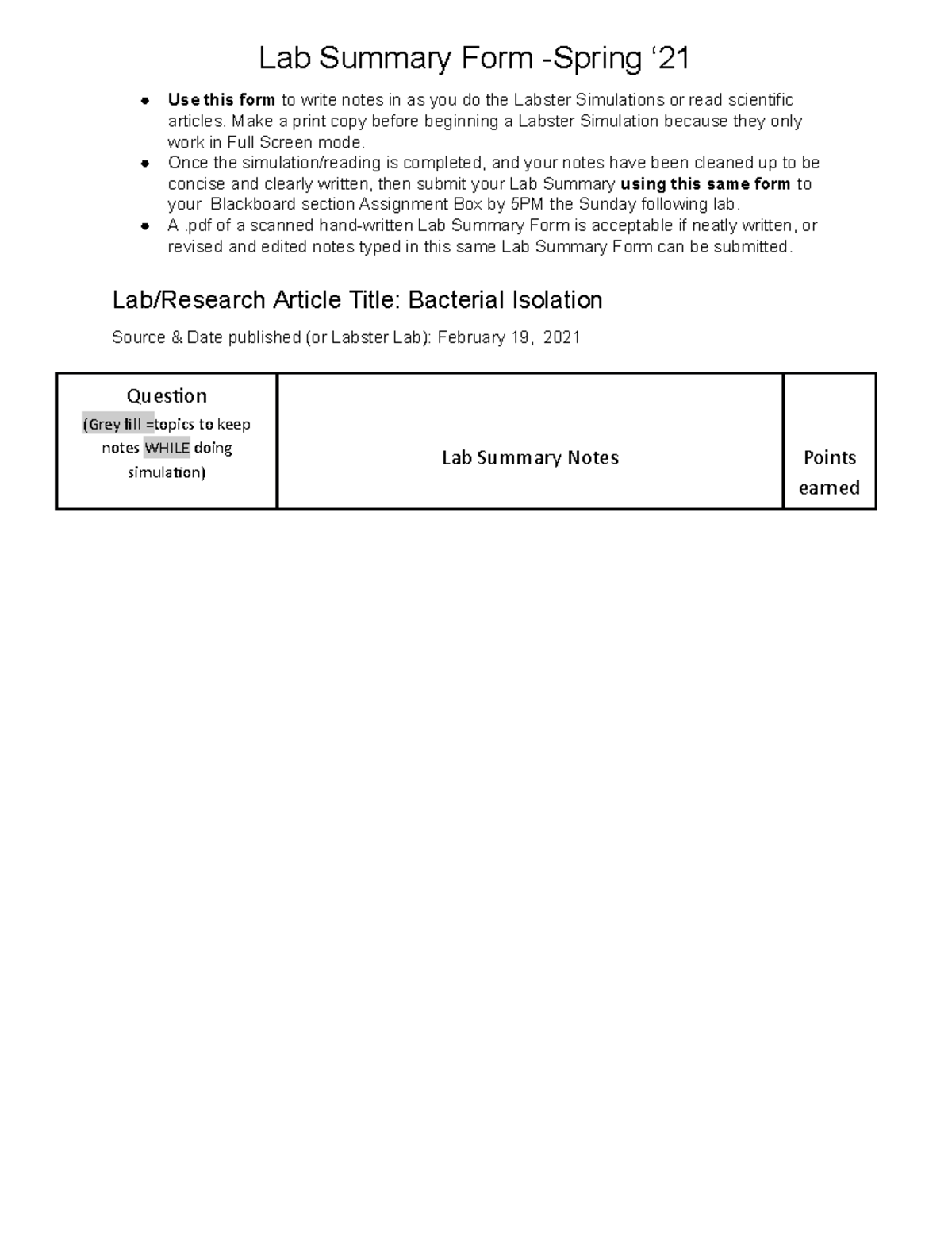 Lab Summary Form - Bacterial isolation - Lab Summary Form -Spring ‘ Use ...