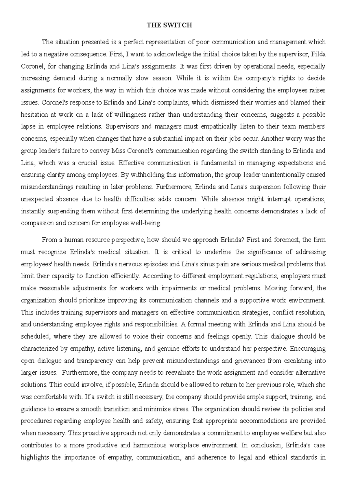 essay switch hb - THE SWITCH The situation presented is a perfect ...