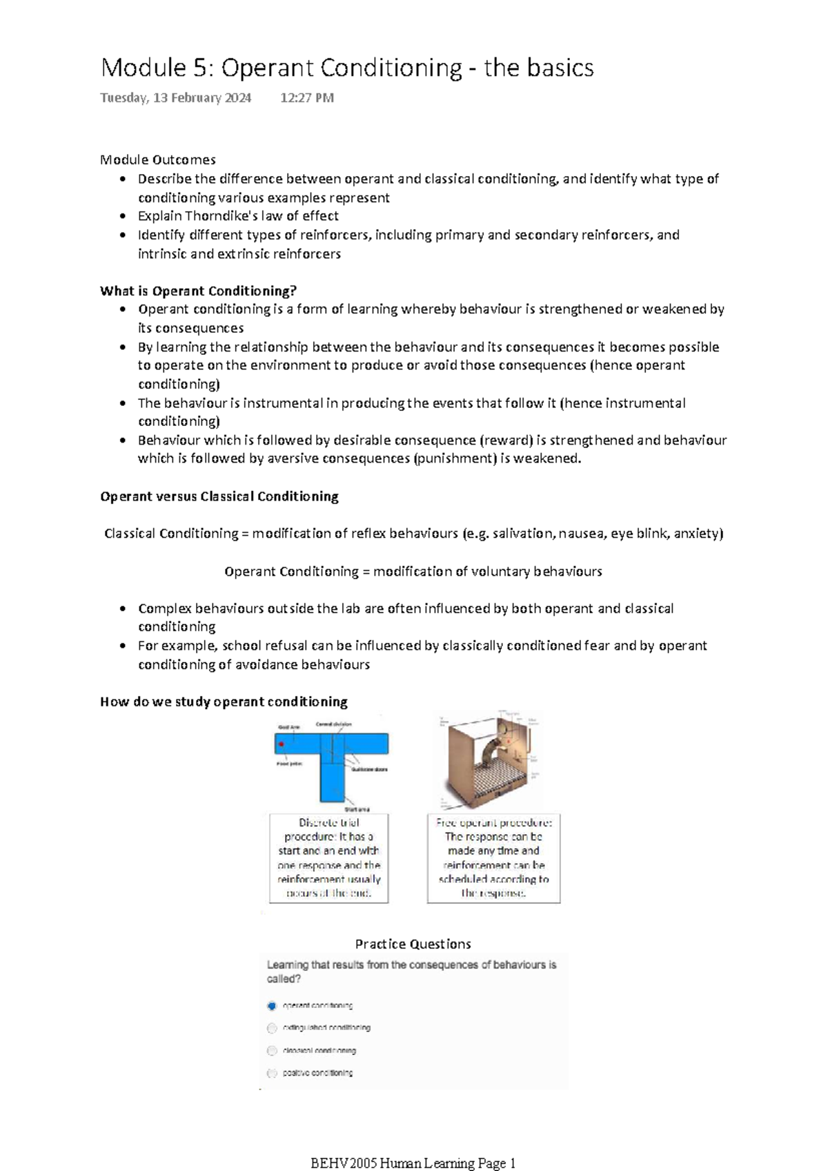 Module 5 - Operant vs Classical Conditioning - Describe the difference between operant and ...