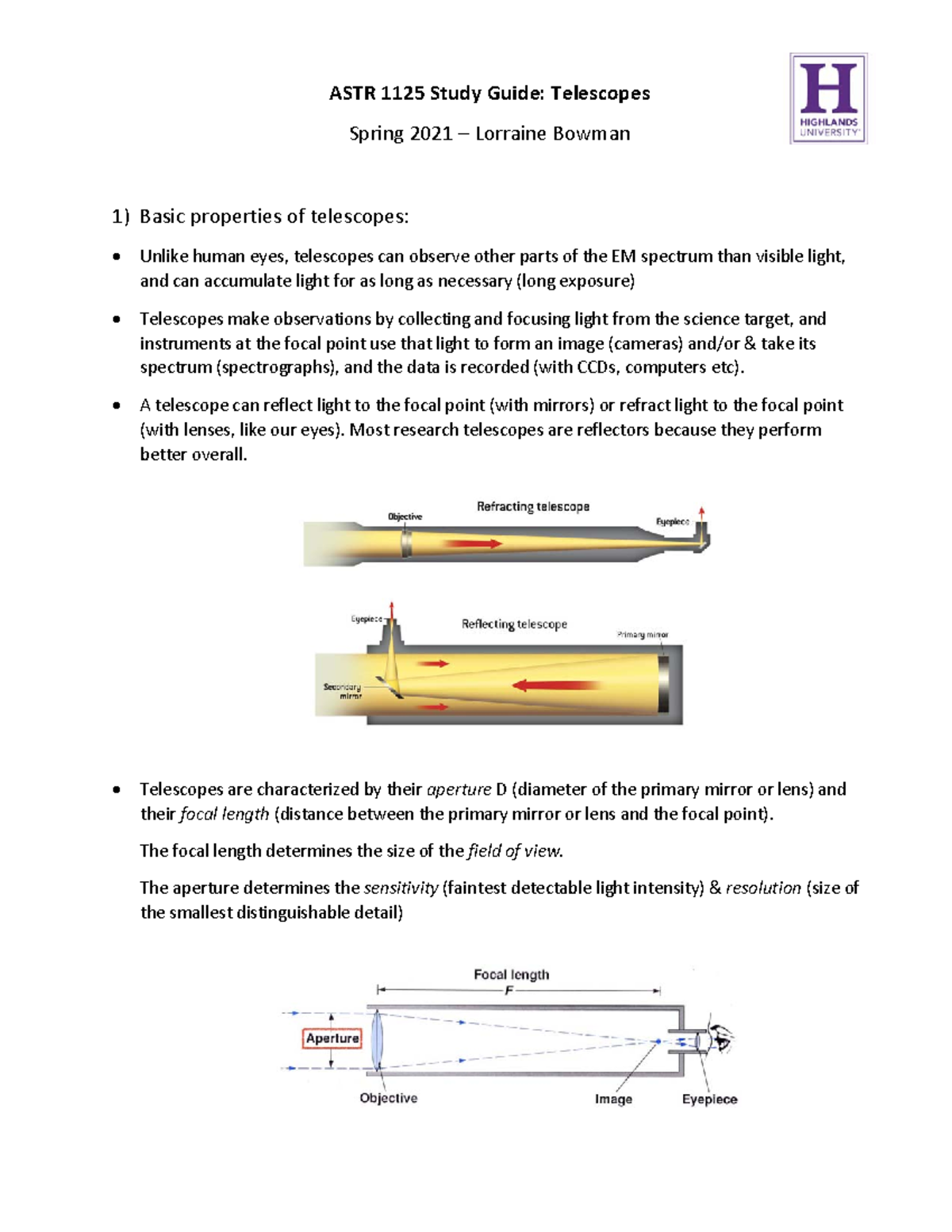 Study Guide Telescopes - ASTR 1125 Study Guide: Telescopes Spring 2021 ...