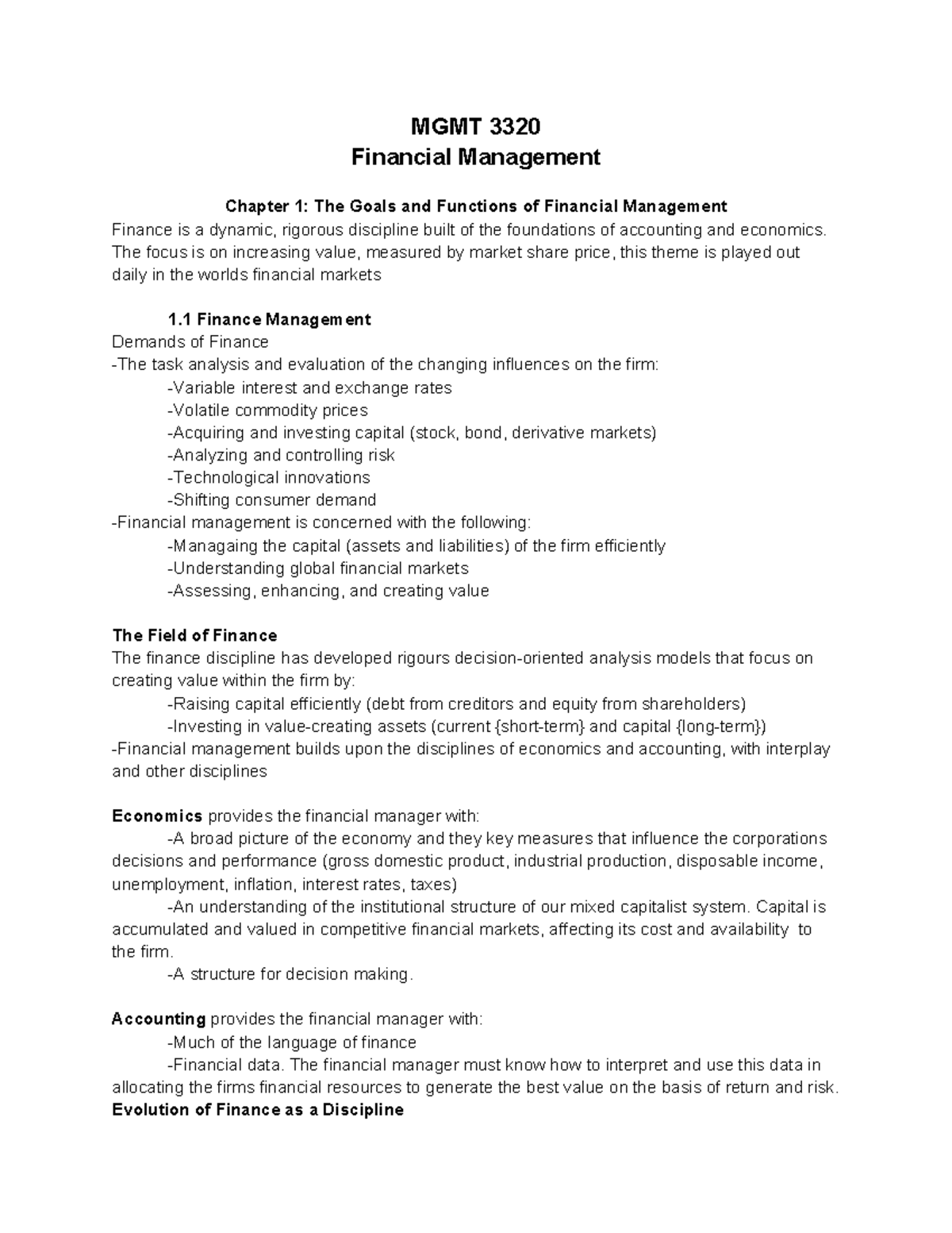 MGMT 3320 Notes - MGMT 3320 Financial Management Chapter 1: The Goals ...