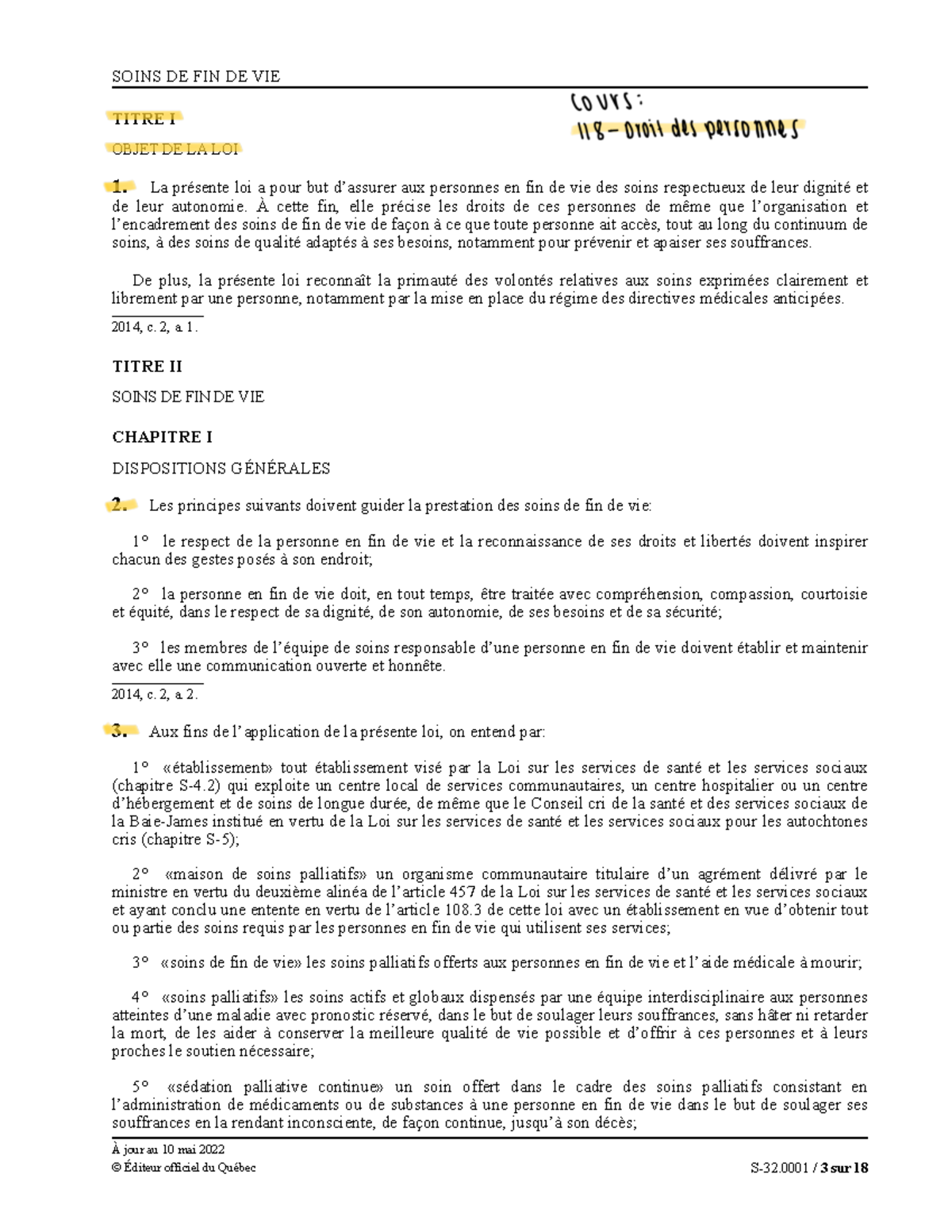 DRT 118 - Loi soins de fin de vie - TITRE I OBJET DE LA LOI 1. La ...