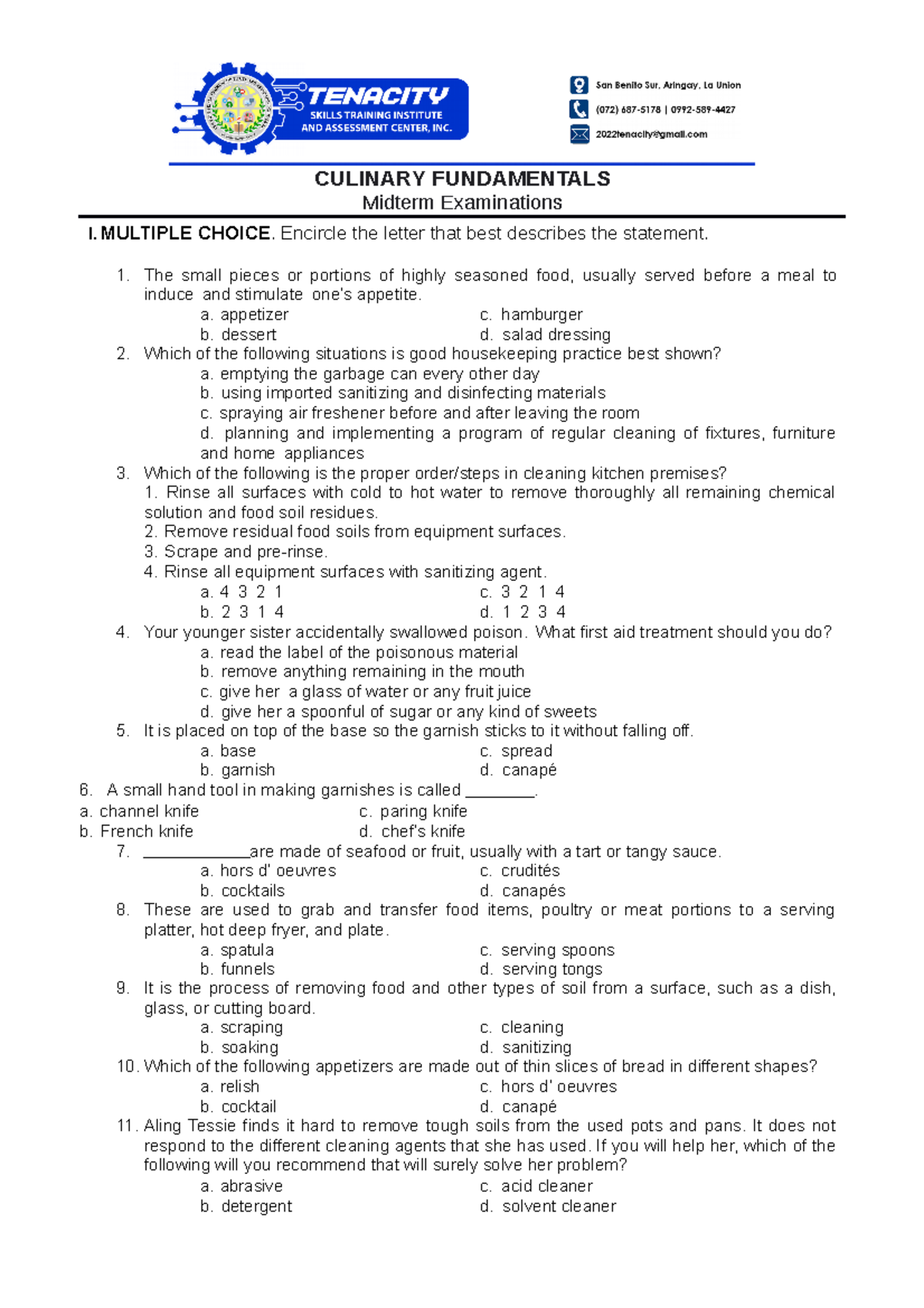 Culinary - this is a sample test question - CULINARY FUNDAMENTALS ...