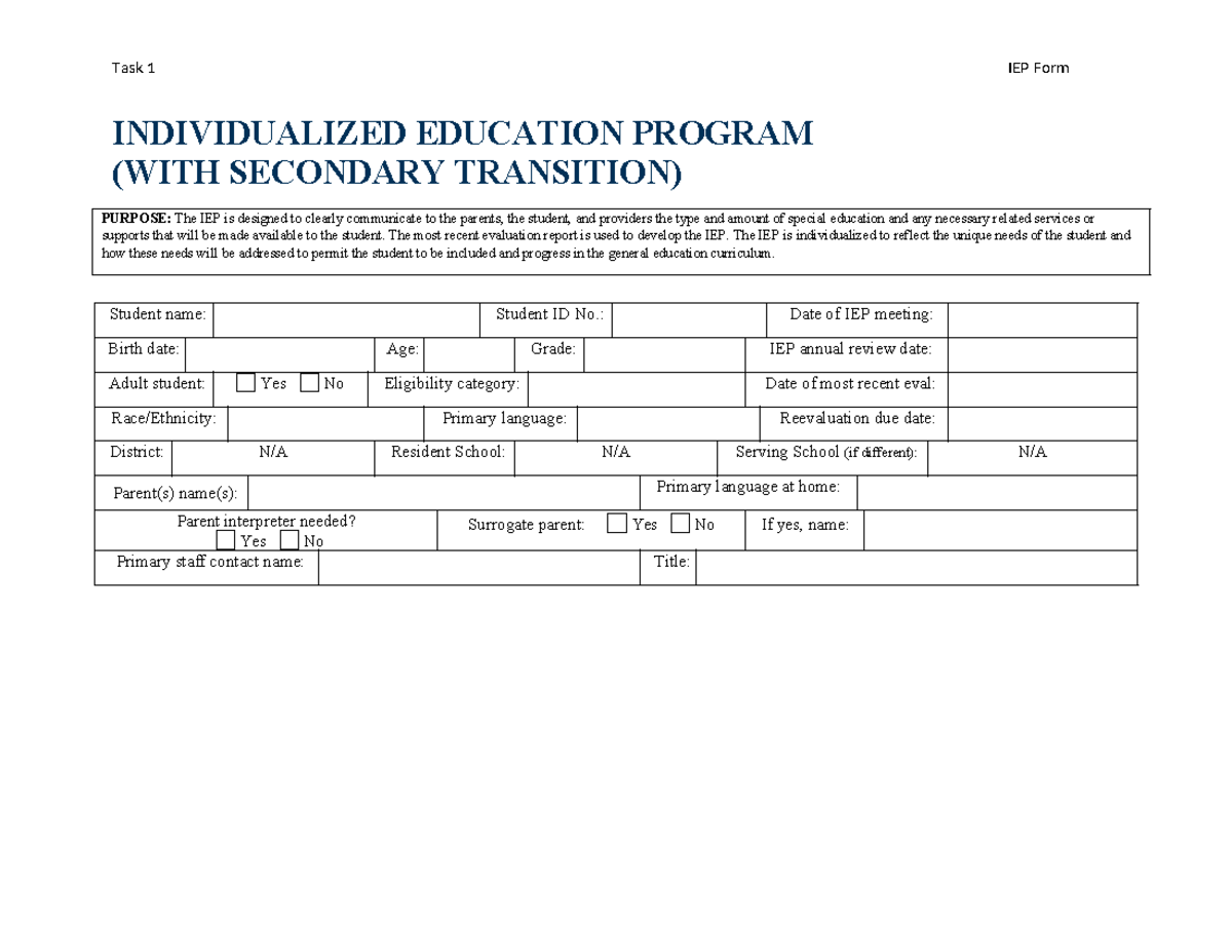 IEP Form for D004 Task 1 - Passed first try, no revisions needed - INDIVIDUALIZED EDUCATION ...