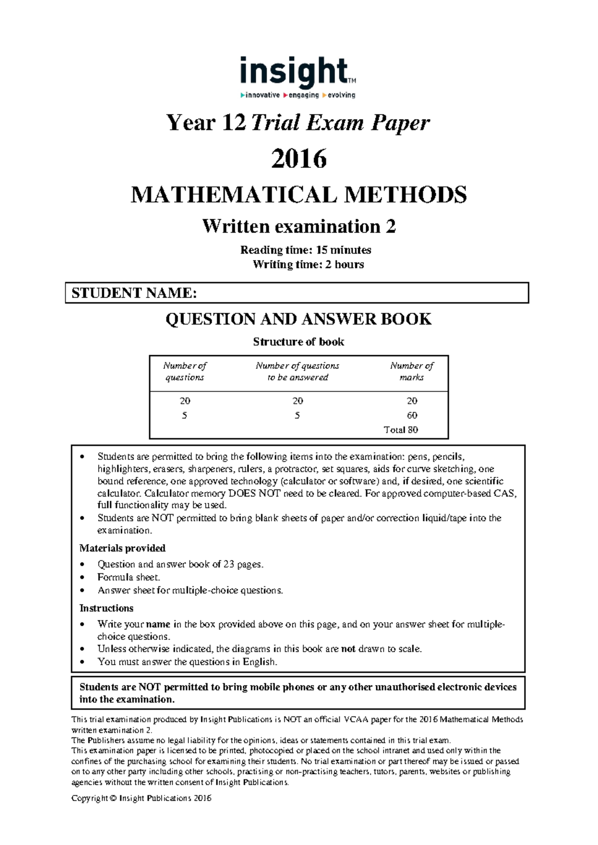 Insight 2016 Maths Methods Exam 2 - This trial examination produced by ...