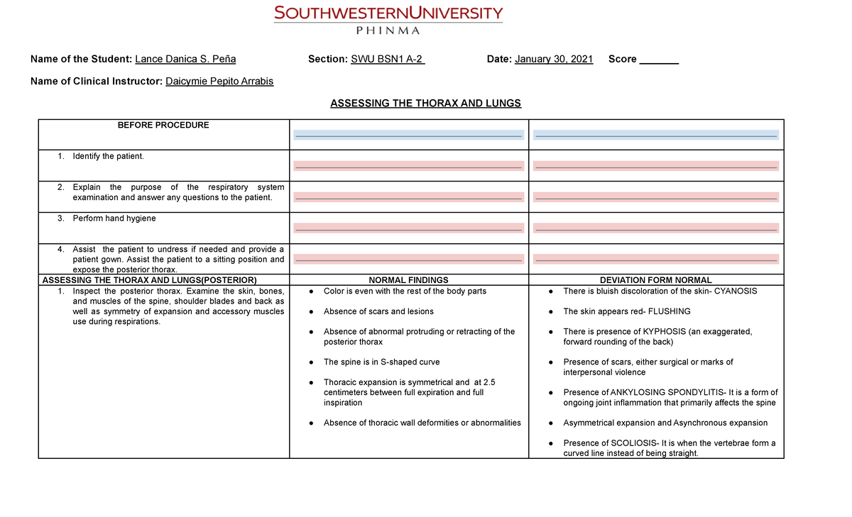 Activity # 3 Thorax AND Lungs Assessment NURSING HEALTH ASSESSMENT ...
