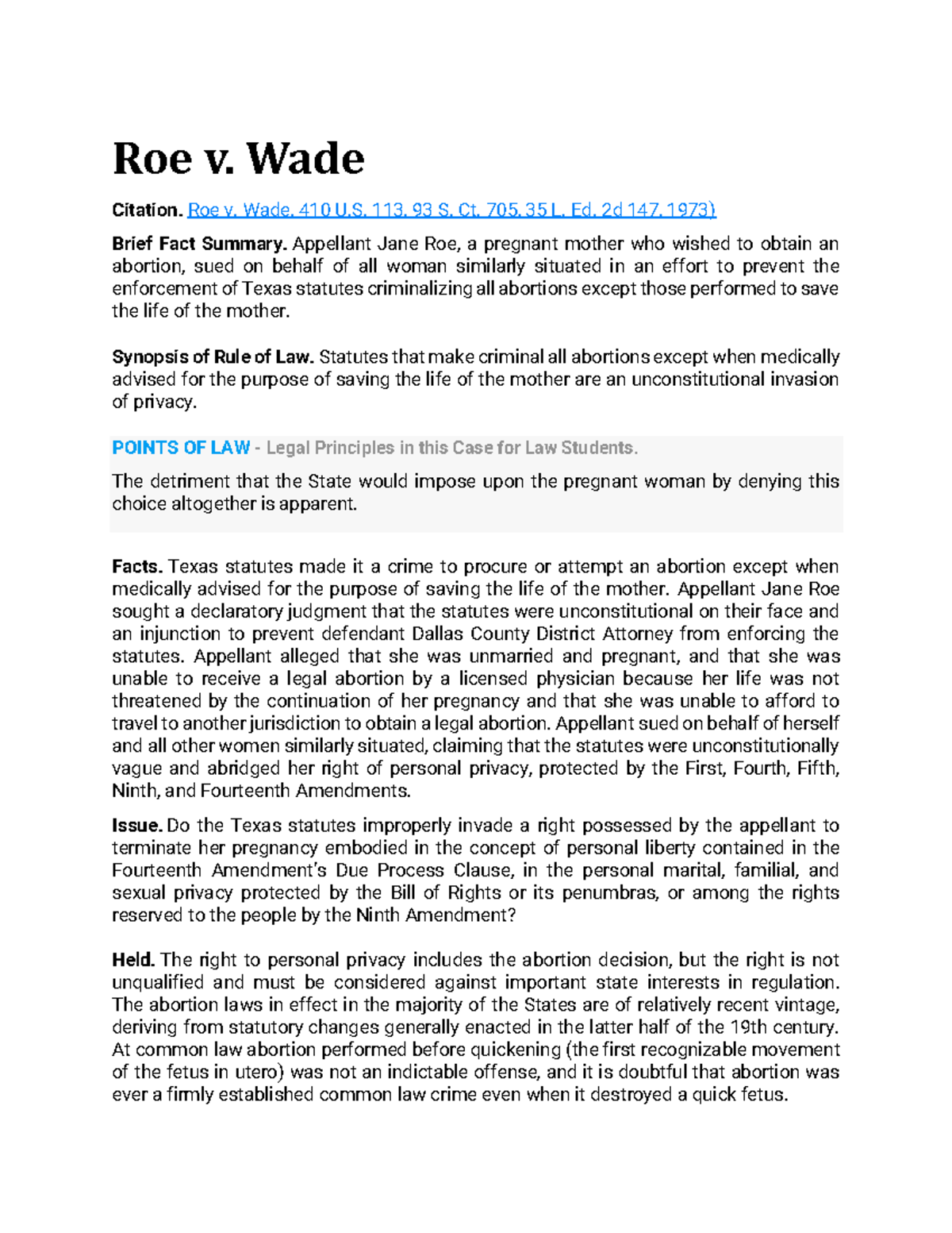 CASE Digest WADE Casey Dobbs - Roe v. Wade Citation. Roe v. Wade, 410 U ...