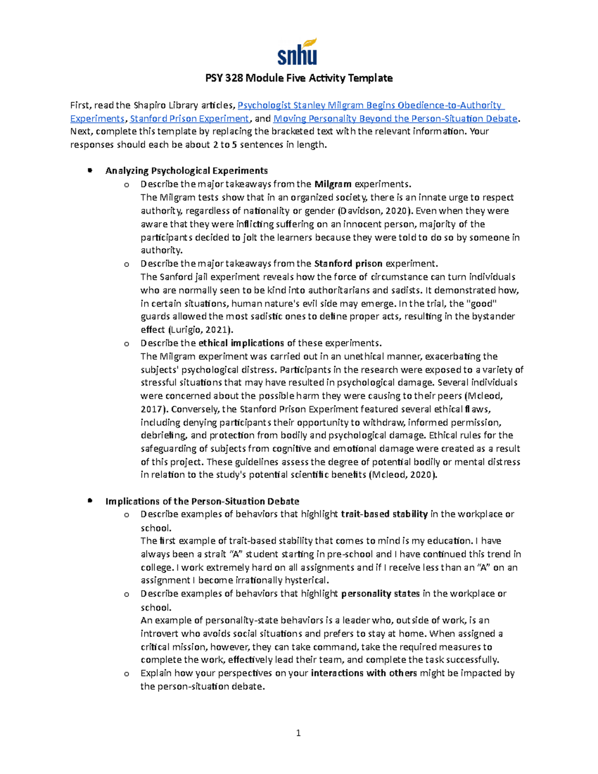 PSY 328 Module Five Activity Template - PSY 328 Module Five Activity Template First, read the ...